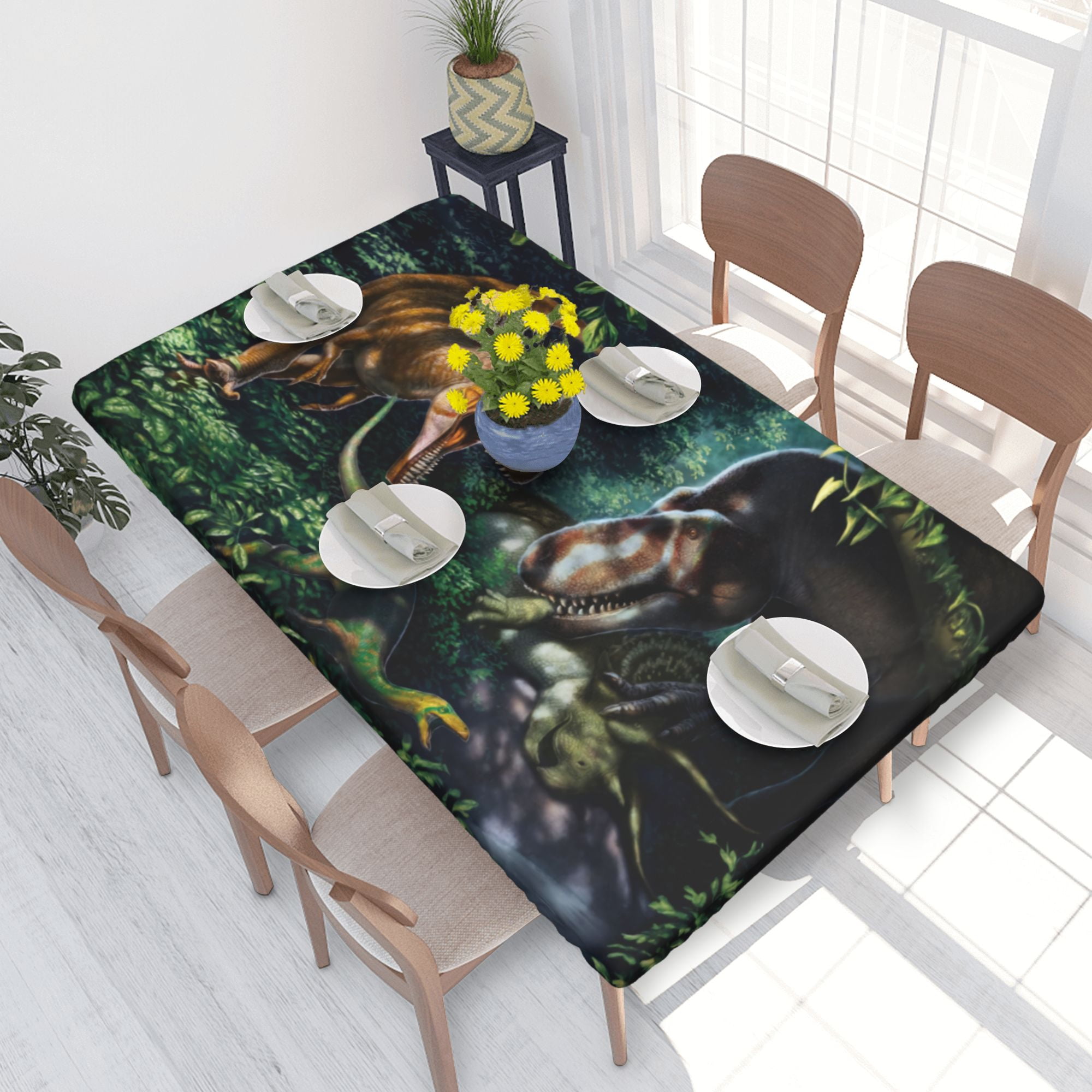 Home Deluxe Tablecloth T-Rex Dinosaur Waterproof Elastic Rim Edged ...