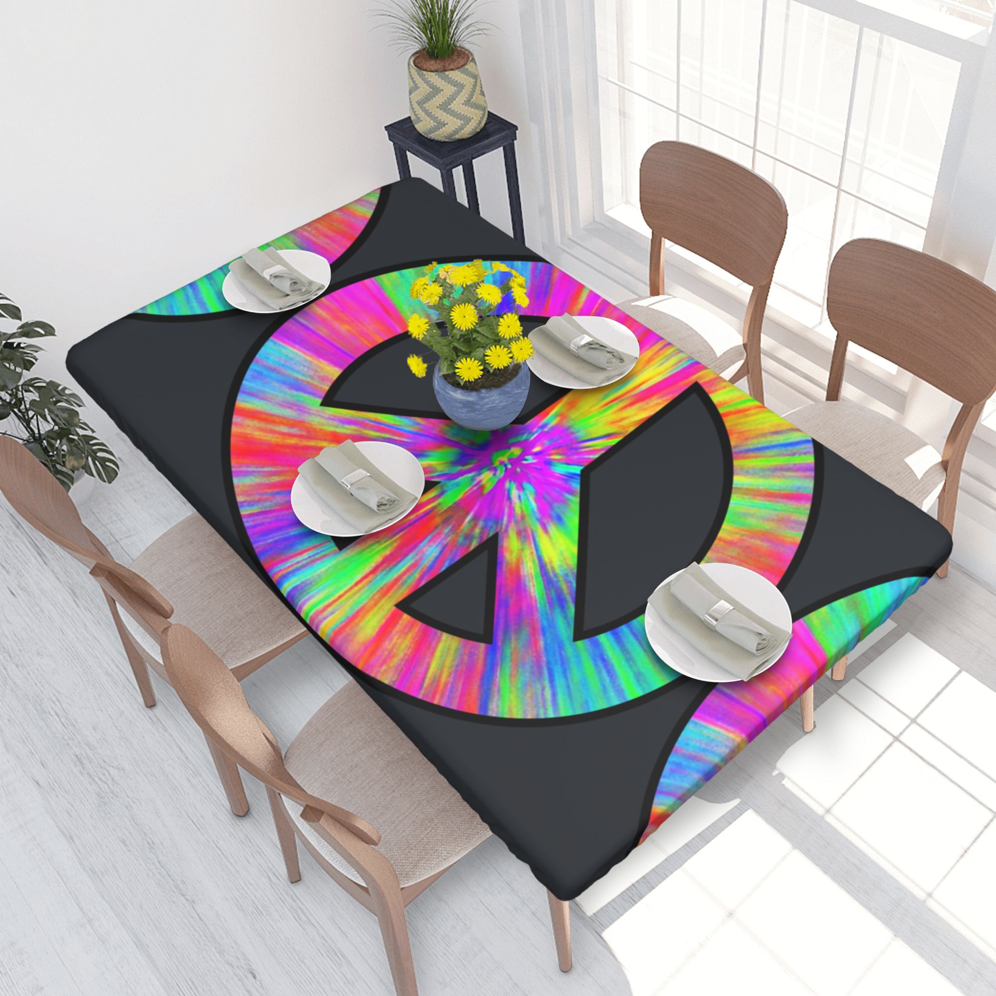 Home Deluxe Tablecloth Tie Dye Peace Sign Waterproof Elastic Rim Edged ...