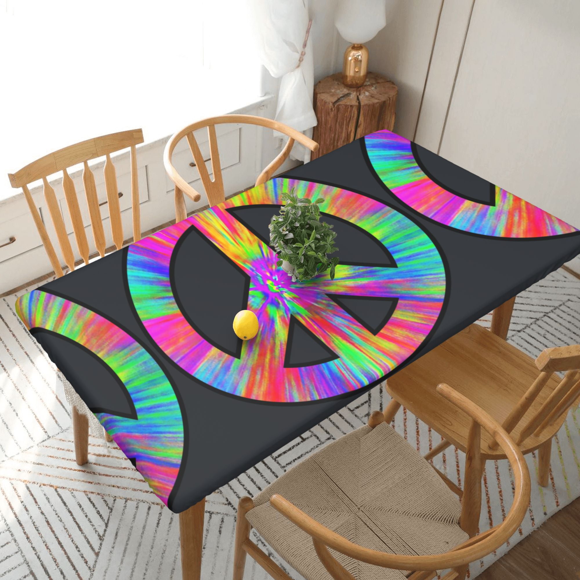 Home Deluxe Tablecloth Tie Dye Peace Sign Waterproof Elastic Rim Edged ...