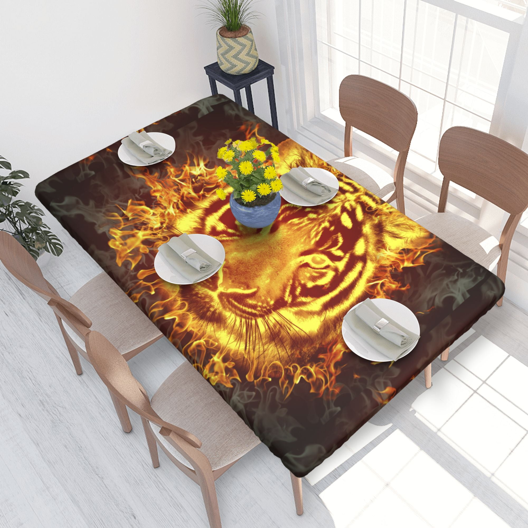 Home Deluxe Tablecloth Tiger Flame Fire Waterproof Elastic Rim Edged ...