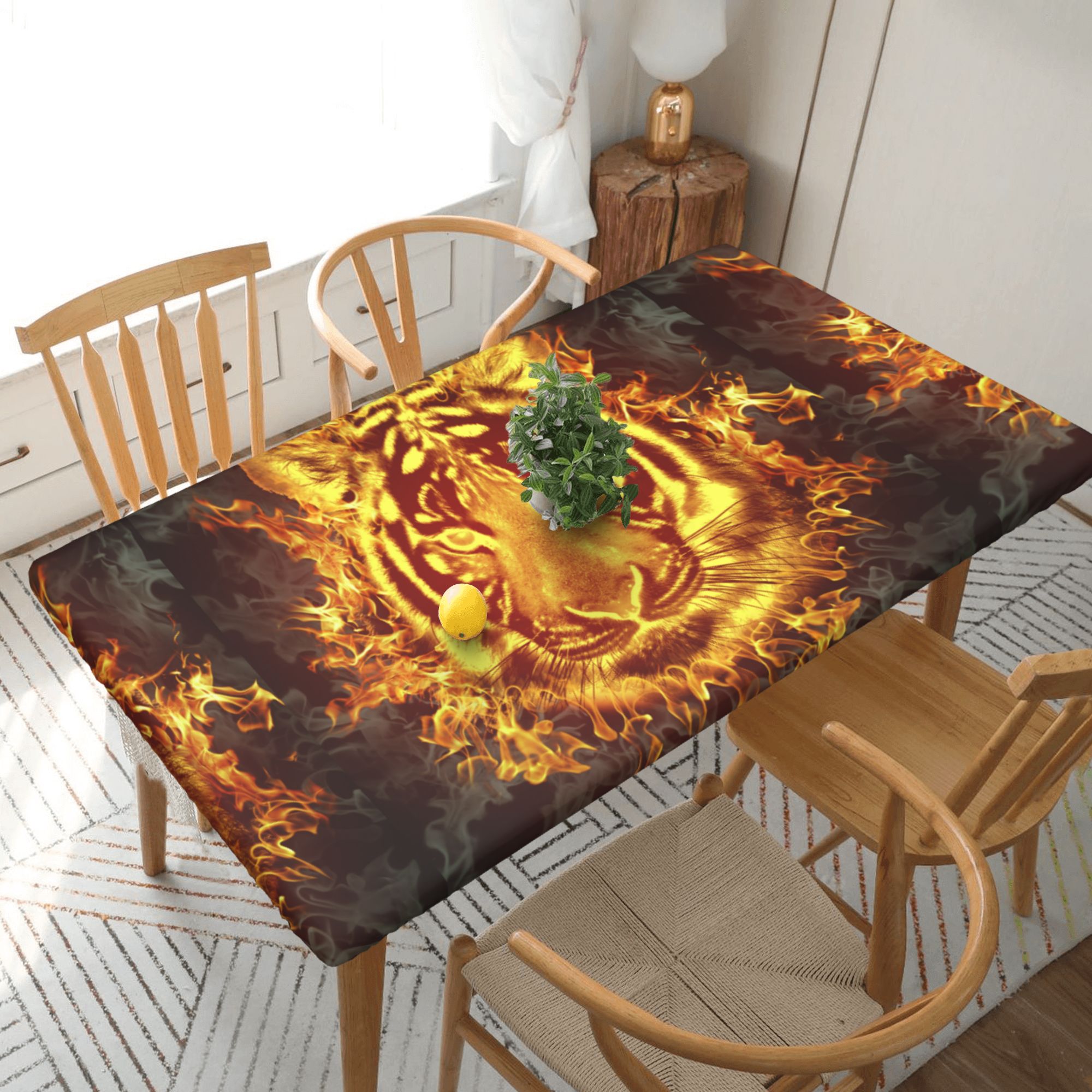 Home Deluxe Tablecloth Tiger Flame Fire Waterproof Elastic Rim Edged ...