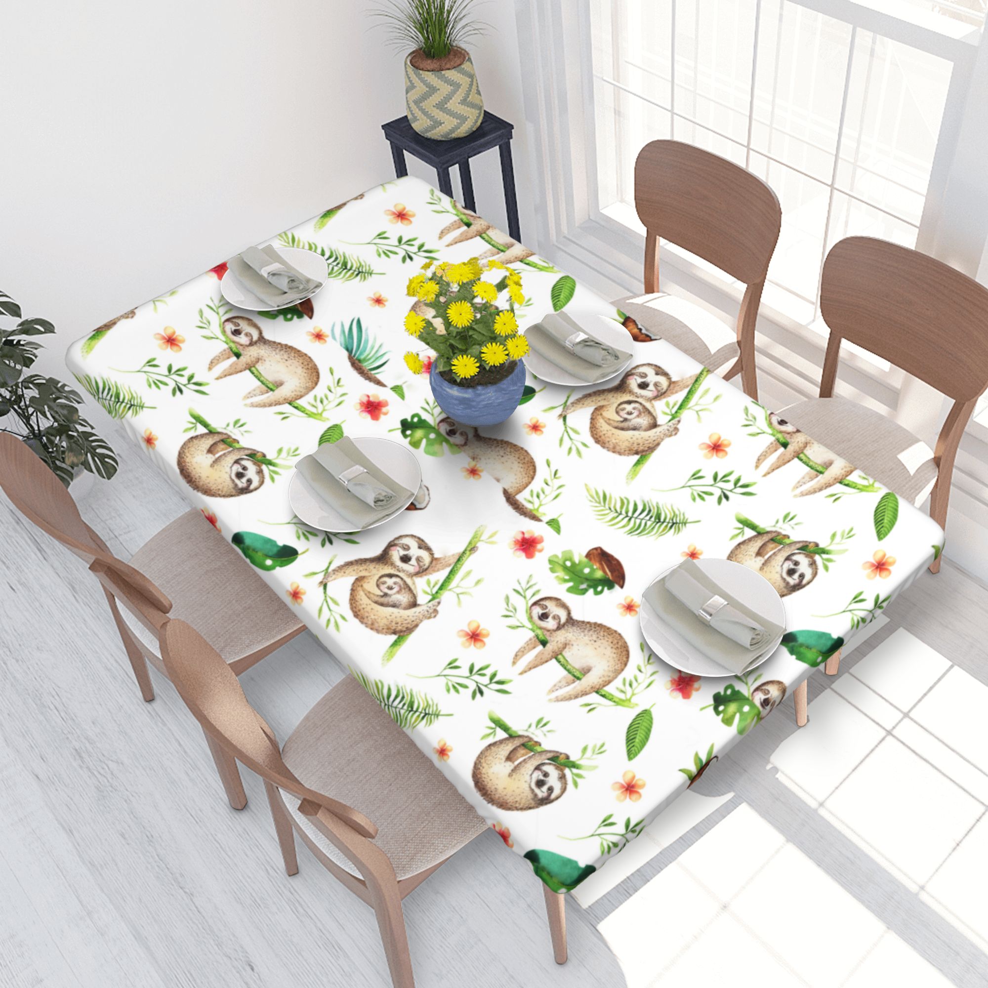 Home Deluxe Tablecloth Tropical Leaves Sloth Waterproof Elastic Rim ...