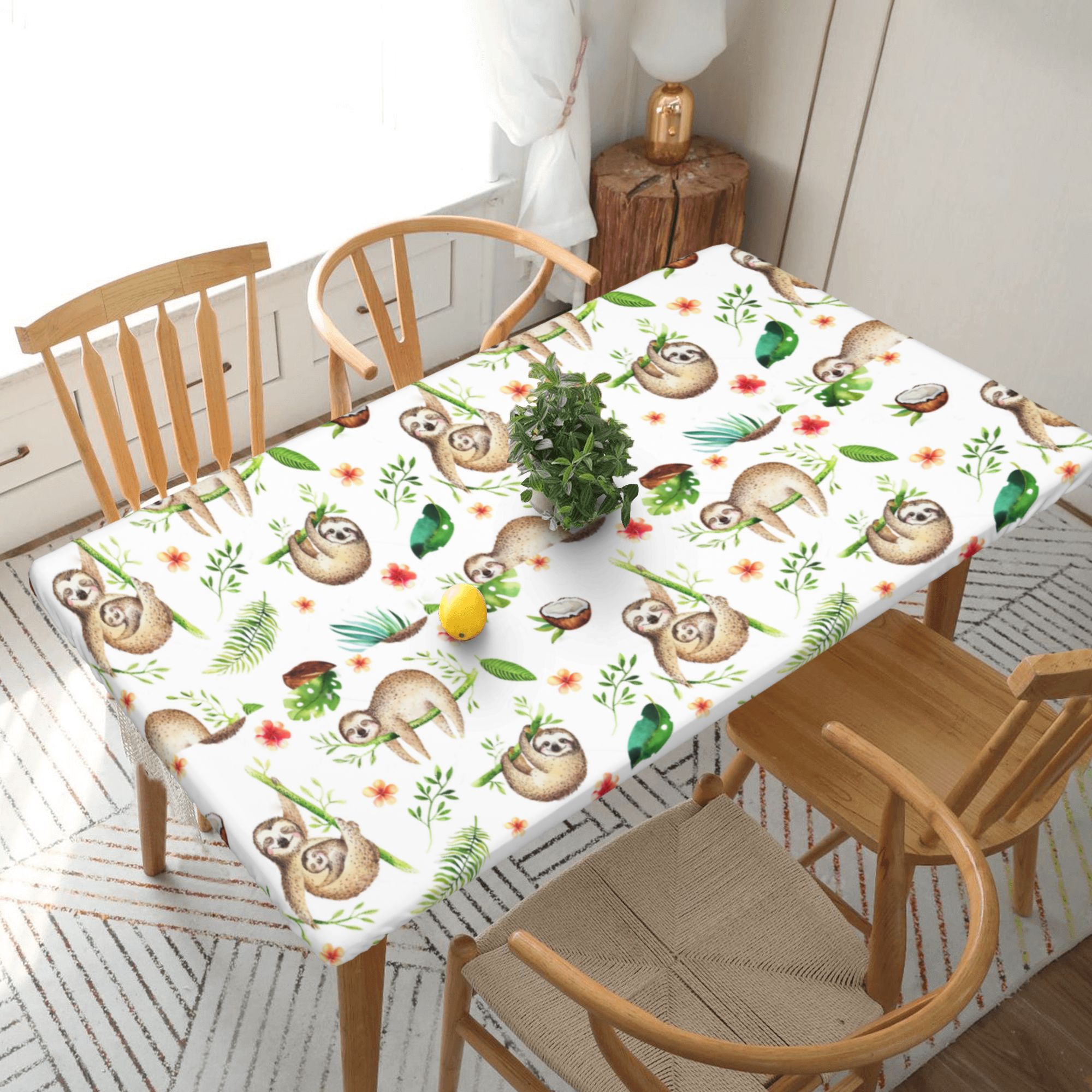 Home Deluxe Tablecloth Tropical Leaves Sloth Waterproof Elastic Rim ...