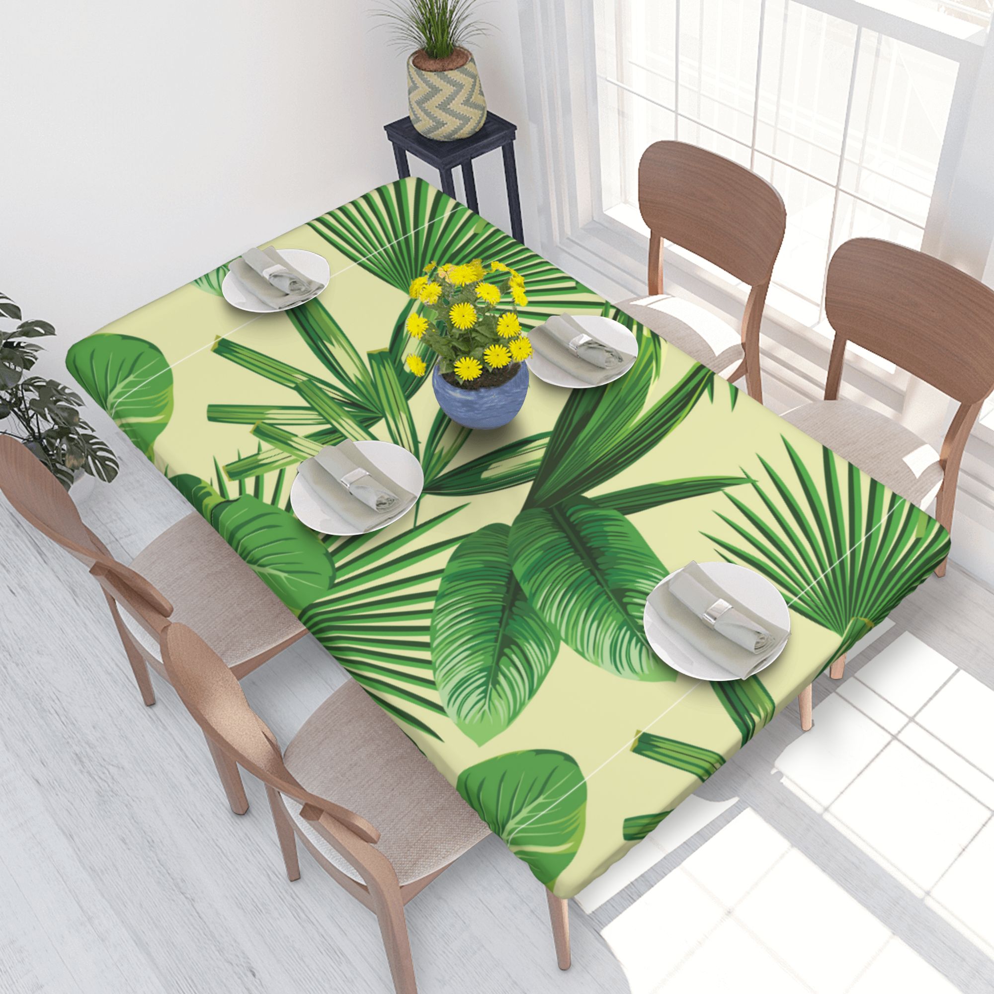 Home Deluxe Tablecloth Tropical Palm Leaves Seamless Waterproof Elastic ...
