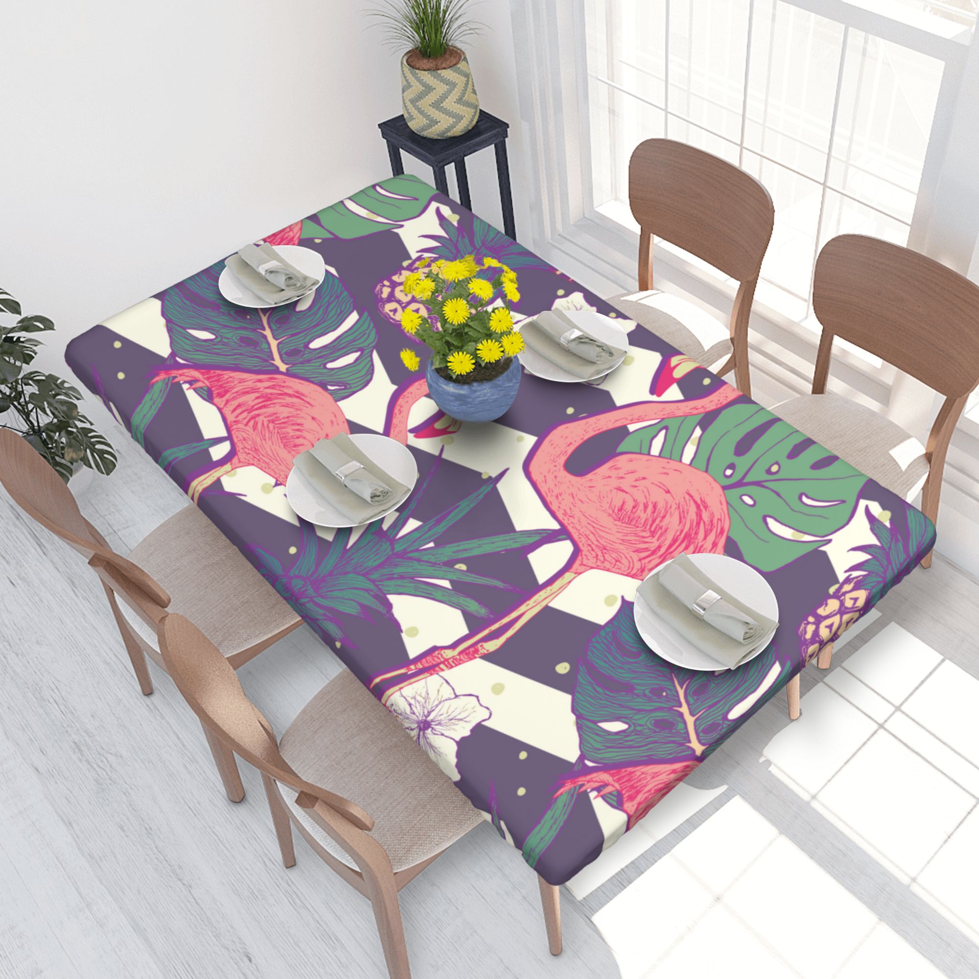 Home Deluxe Tablecloth Tropical Palm Tree Banana Leaves Pink Flamingo ...