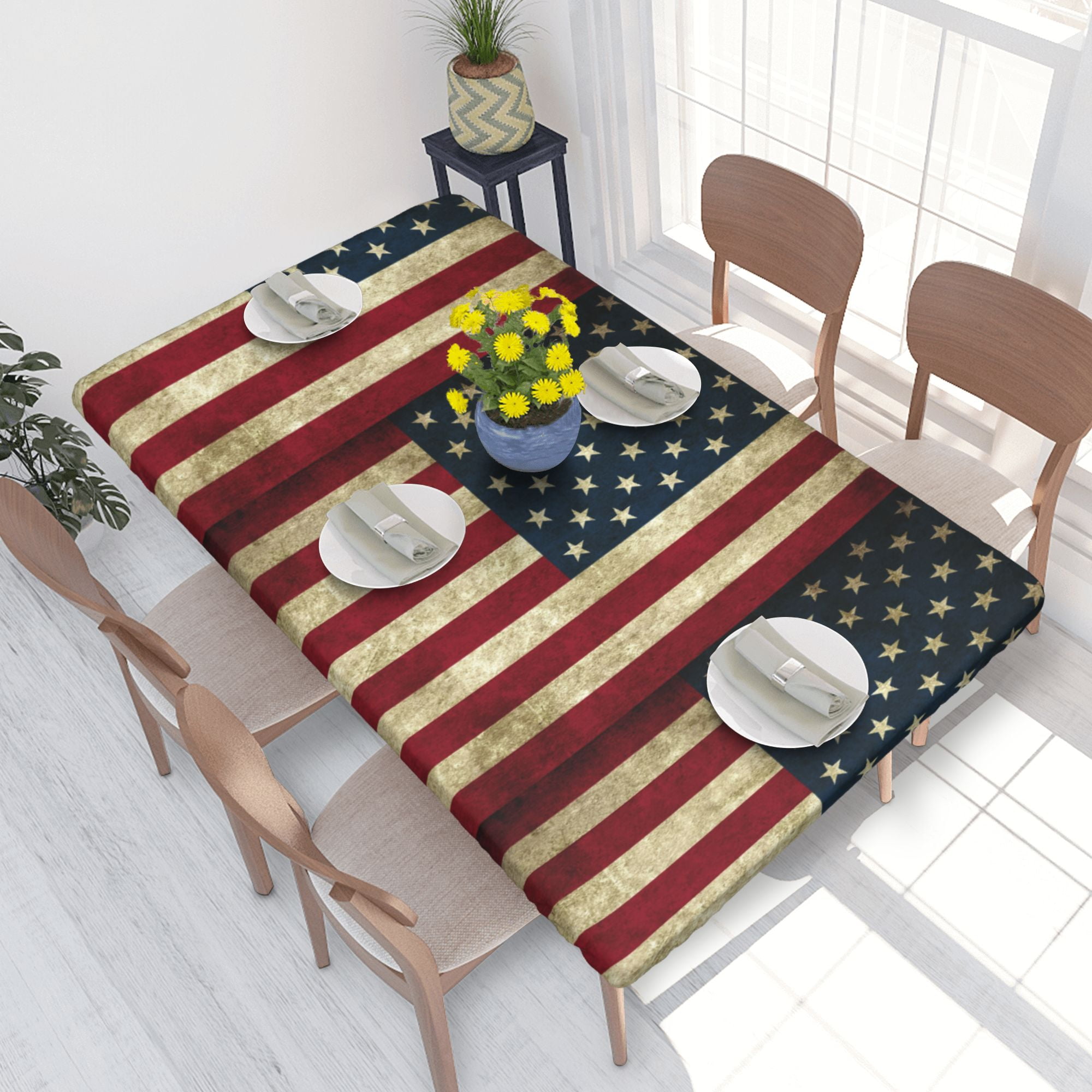 Home Deluxe Tablecloth Usa Flag Vintage Waterproof Elastic Rim Edged ...