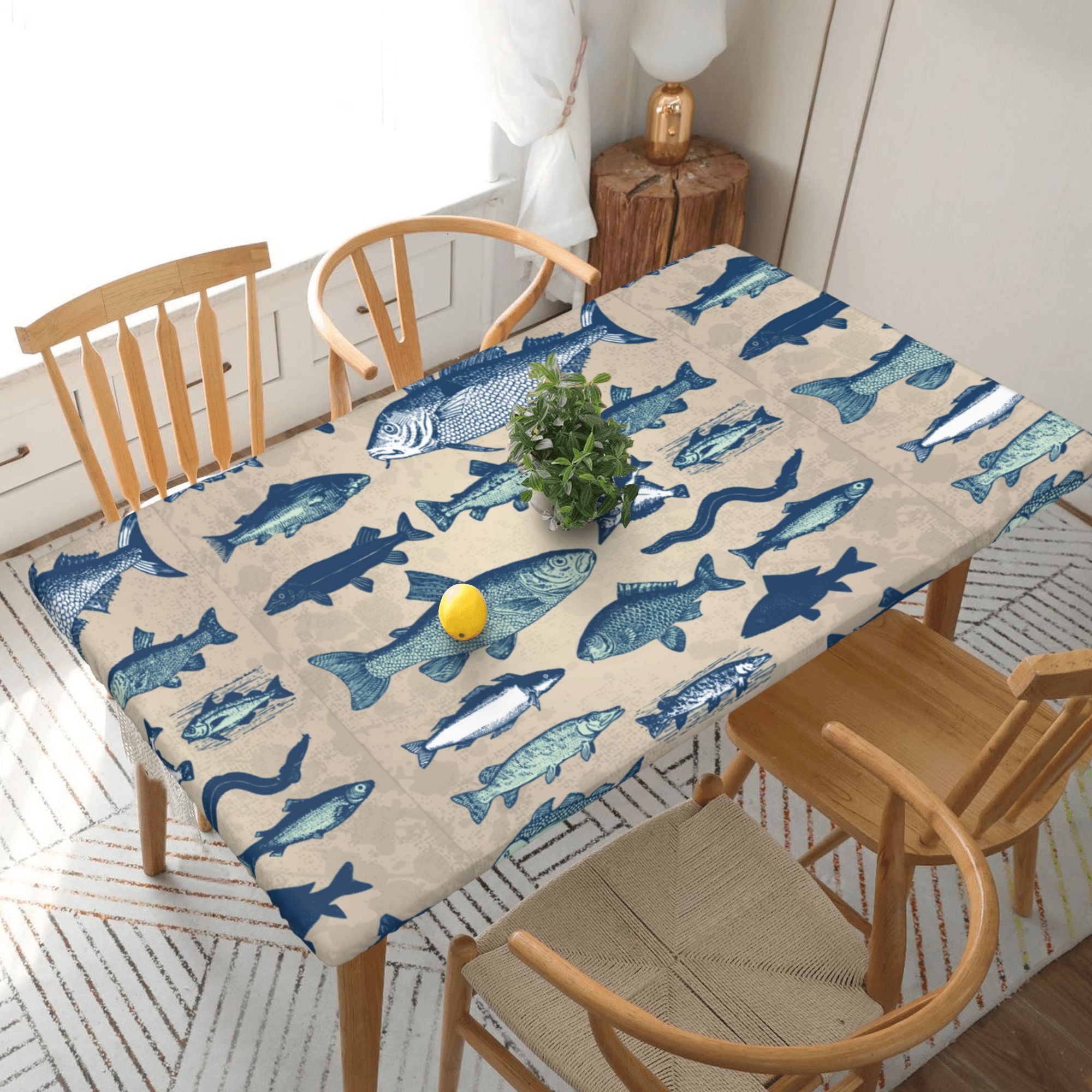Home Deluxe Tablecloth Vintage Fish Drawing Animals Wildlife Waterproof ...