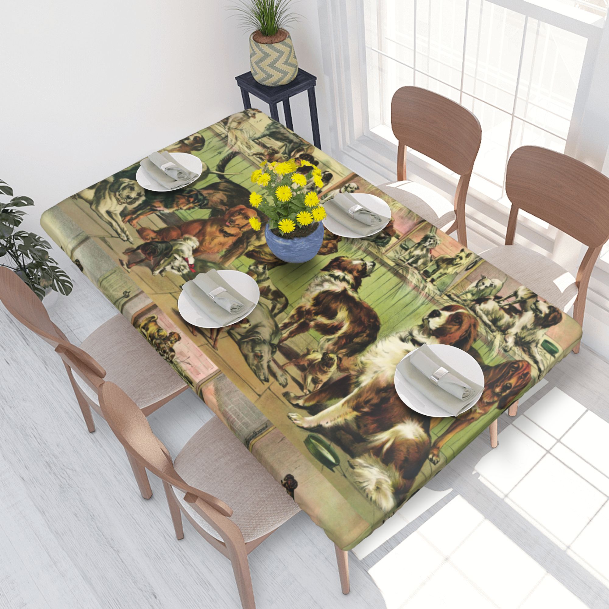 Home Deluxe Tablecloth Vintage Kennel Club Dogs Waterproof Elastic Rim ...