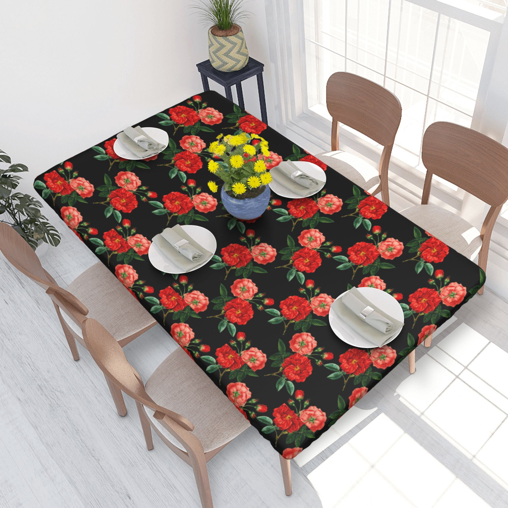 Home Deluxe Tablecloth Vintage Rose Wallpaper Waterproof Elastic Rim ...