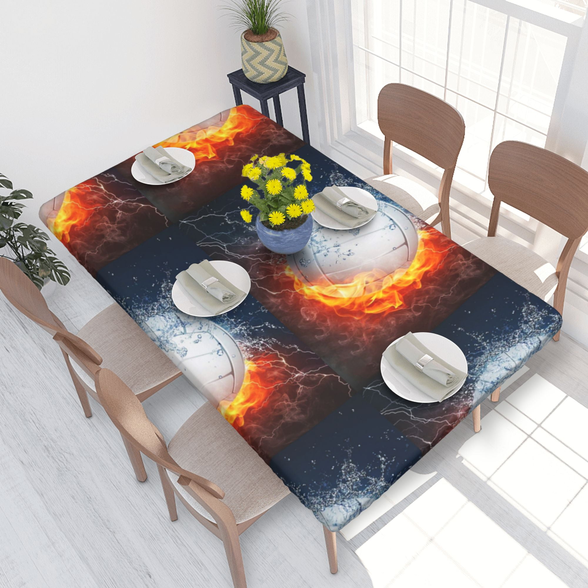 Home Deluxe Tablecloth Volleyball On Fire Water Flame Waterproof ...