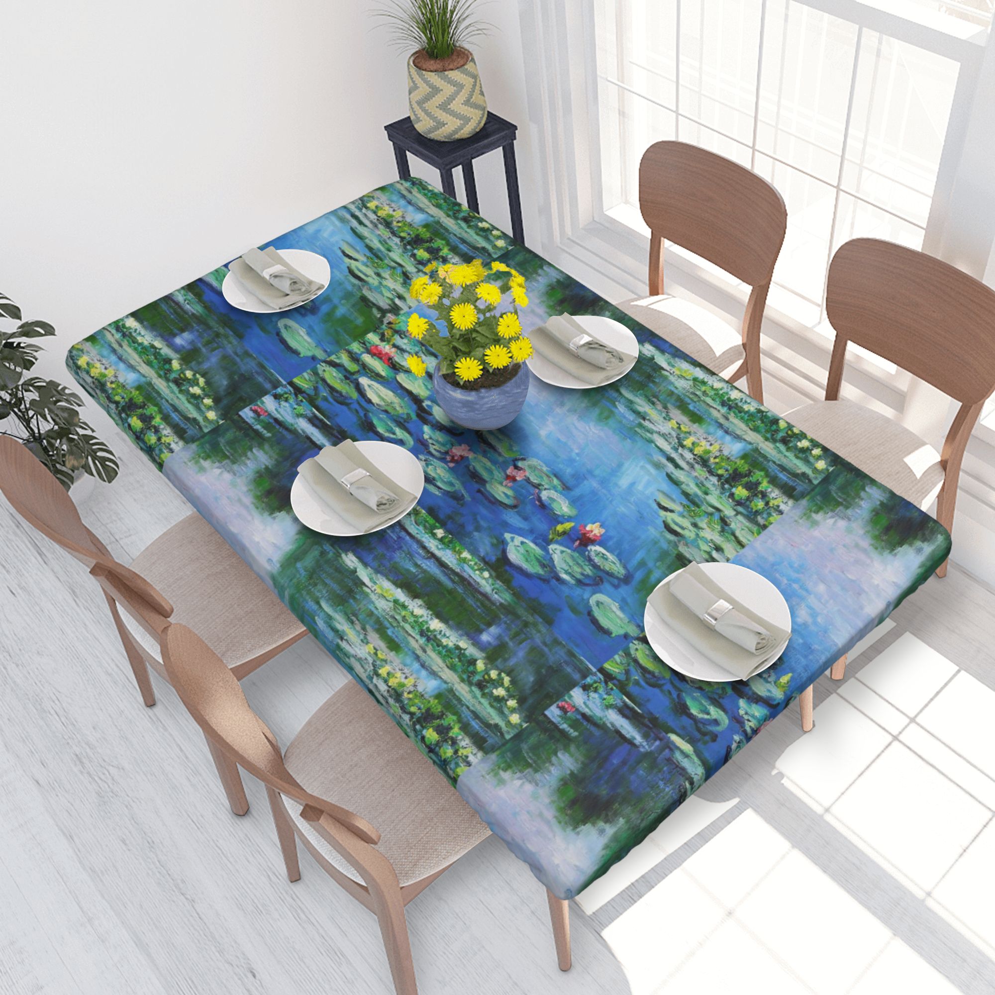 Home Deluxe Tablecloth Water Lilies Monet Waterproof Elastic Rim Edged ...