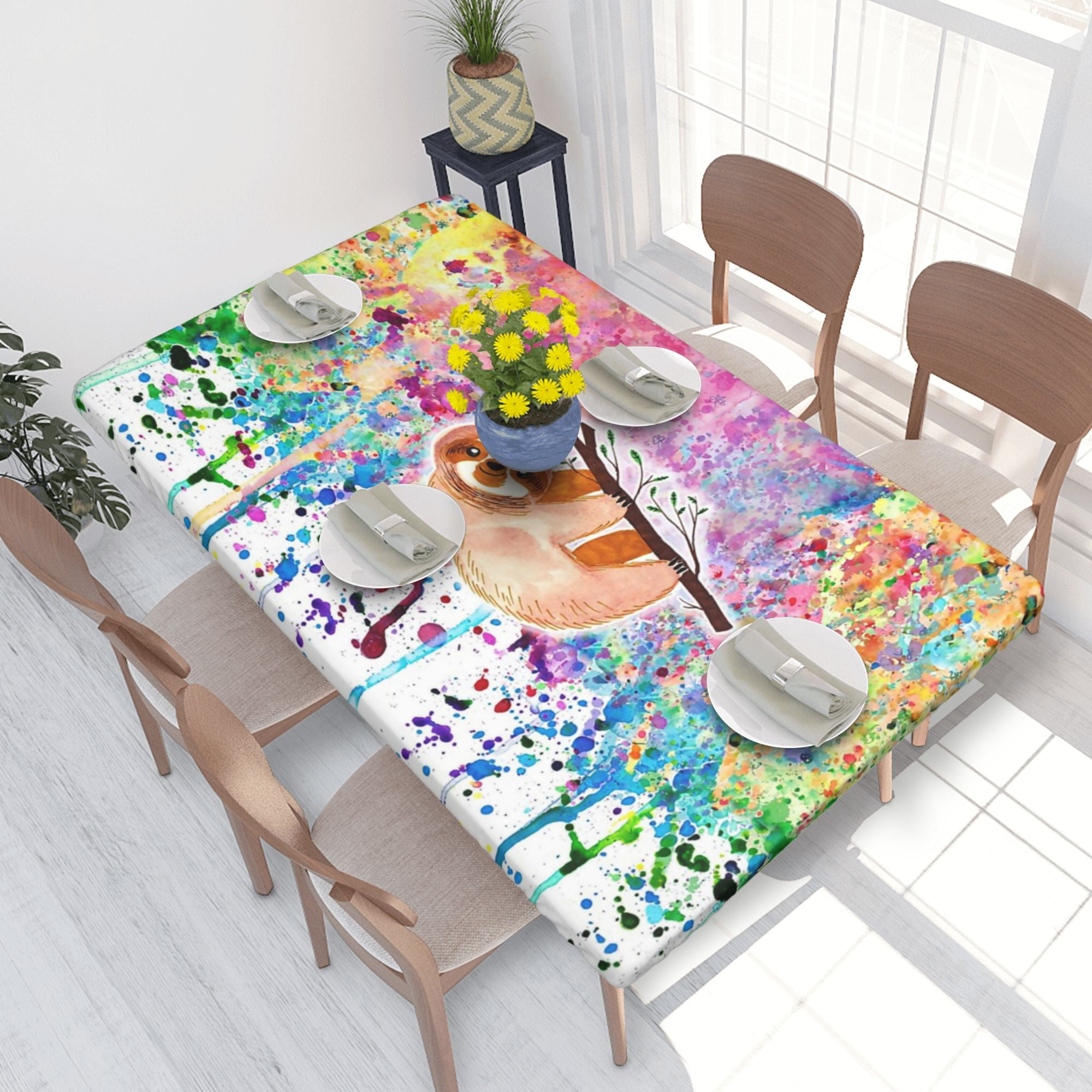 Home Deluxe Tablecloth Watercolor Sloth Waterproof Elastic Rim Edged ...