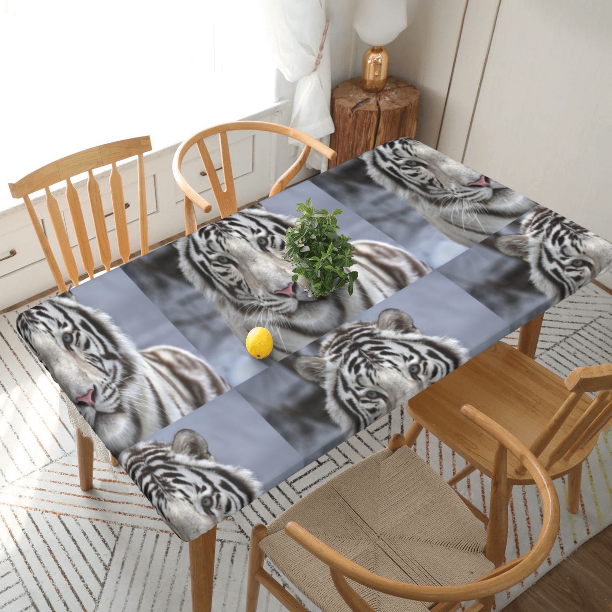 Home Deluxe Tablecloth White-Bengal-Tiger Waterproof Elastic Rim Edged ...