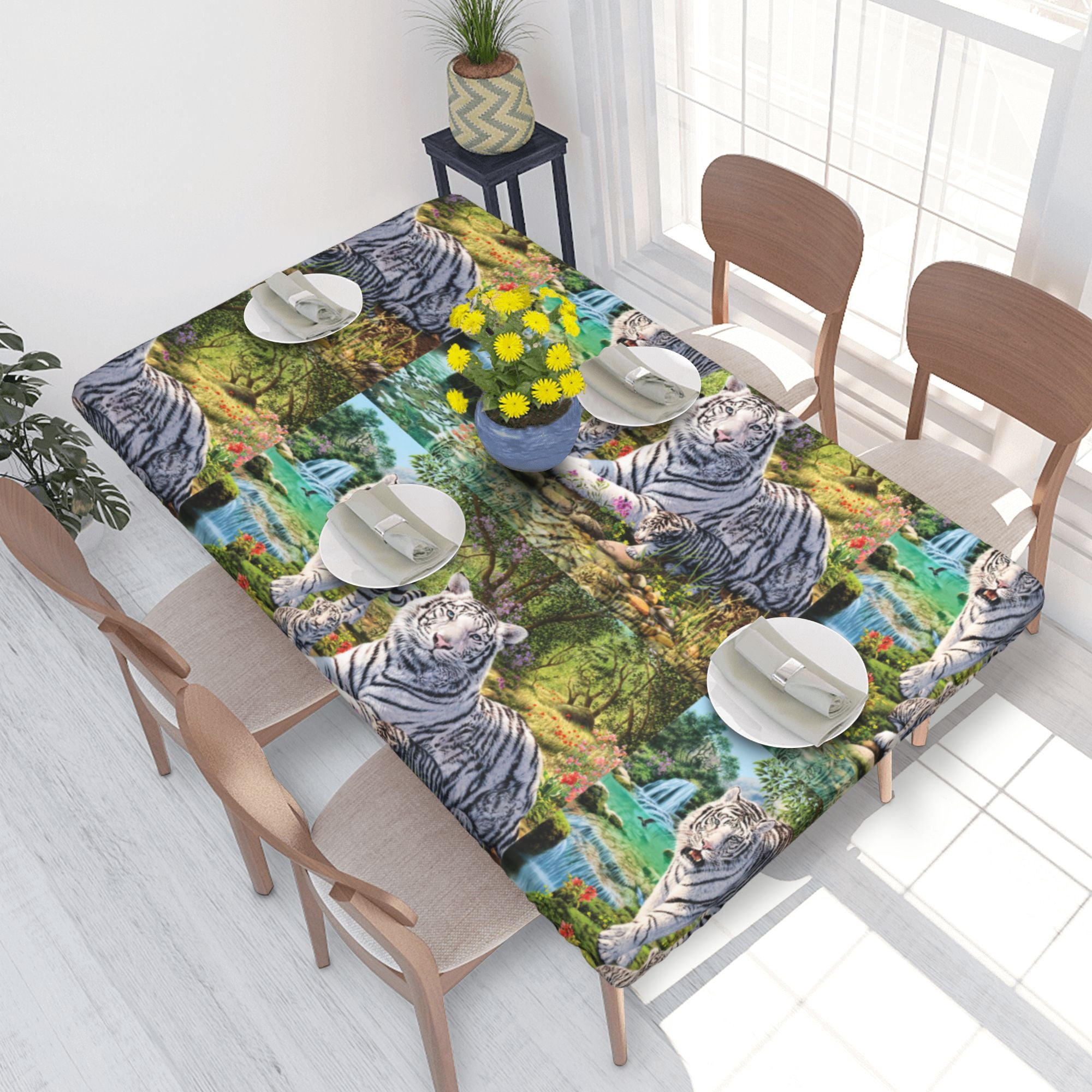 Home Deluxe Tablecloth White Tiger Jungle Waterproof Elastic Rim Edged ...
