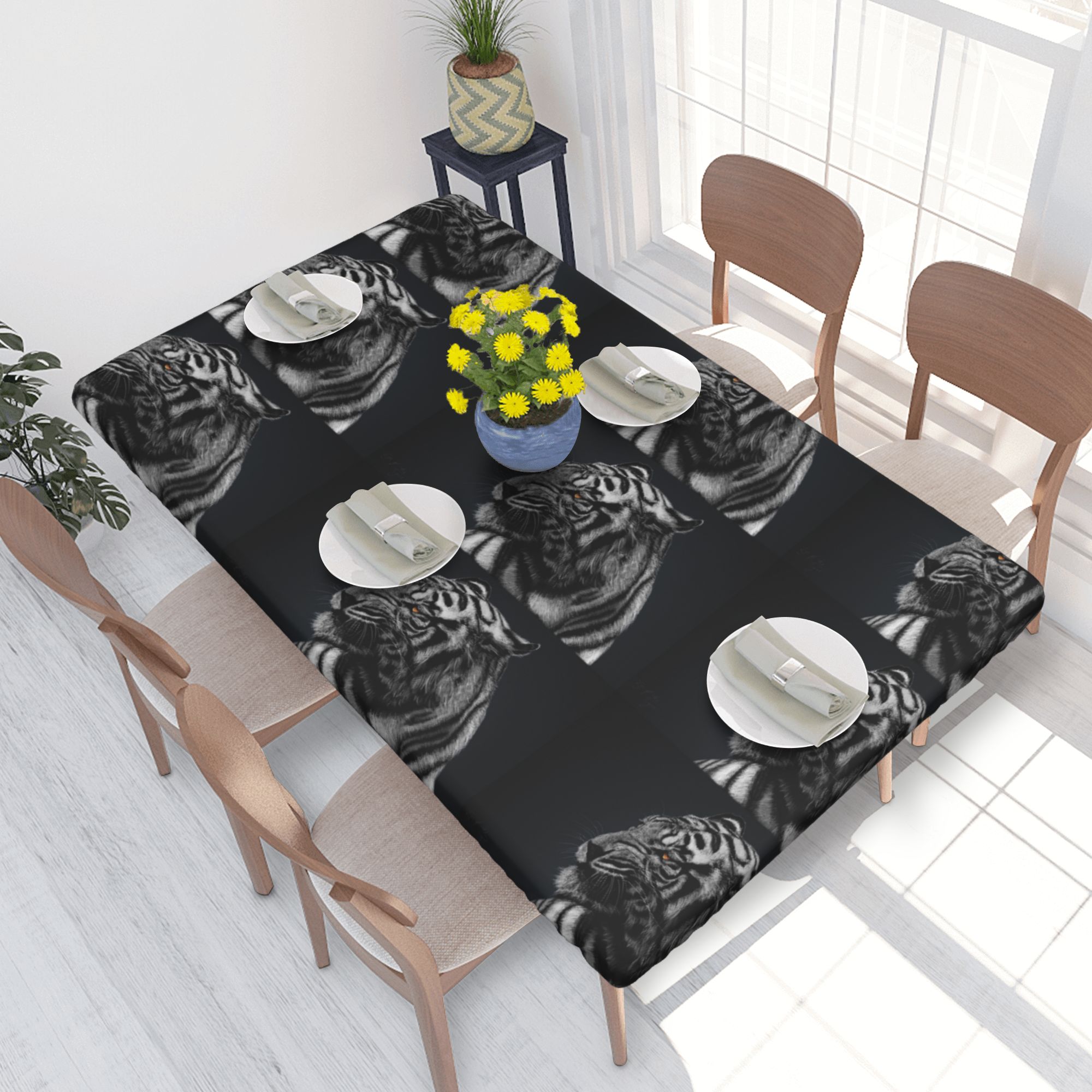 Home Deluxe Tablecloth White Tiger Waterproof Elastic Rim Edged Table ...