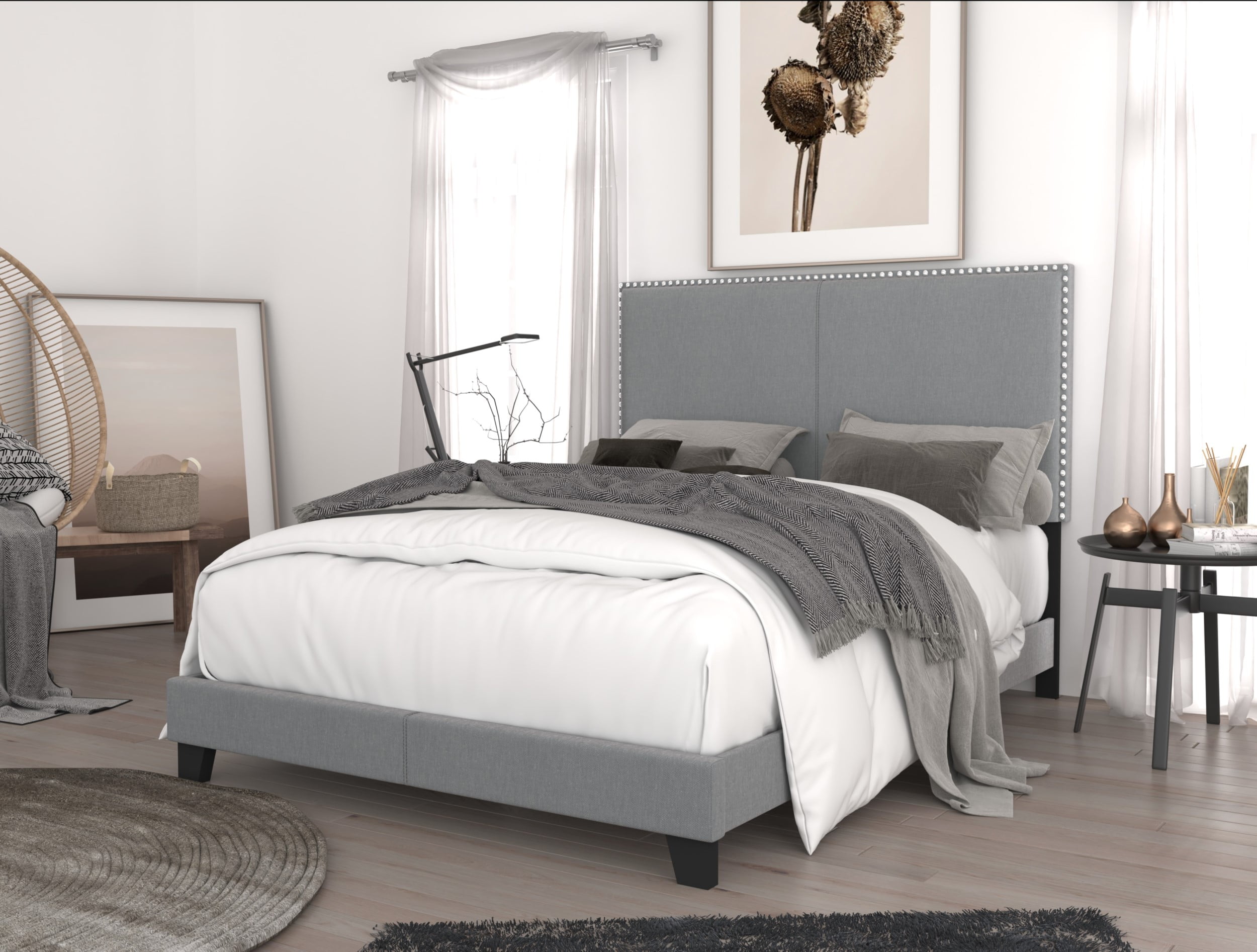 Home Design Ace Queen Upholstered Bed - Nailhead Trim, Linen - Walmart.com
