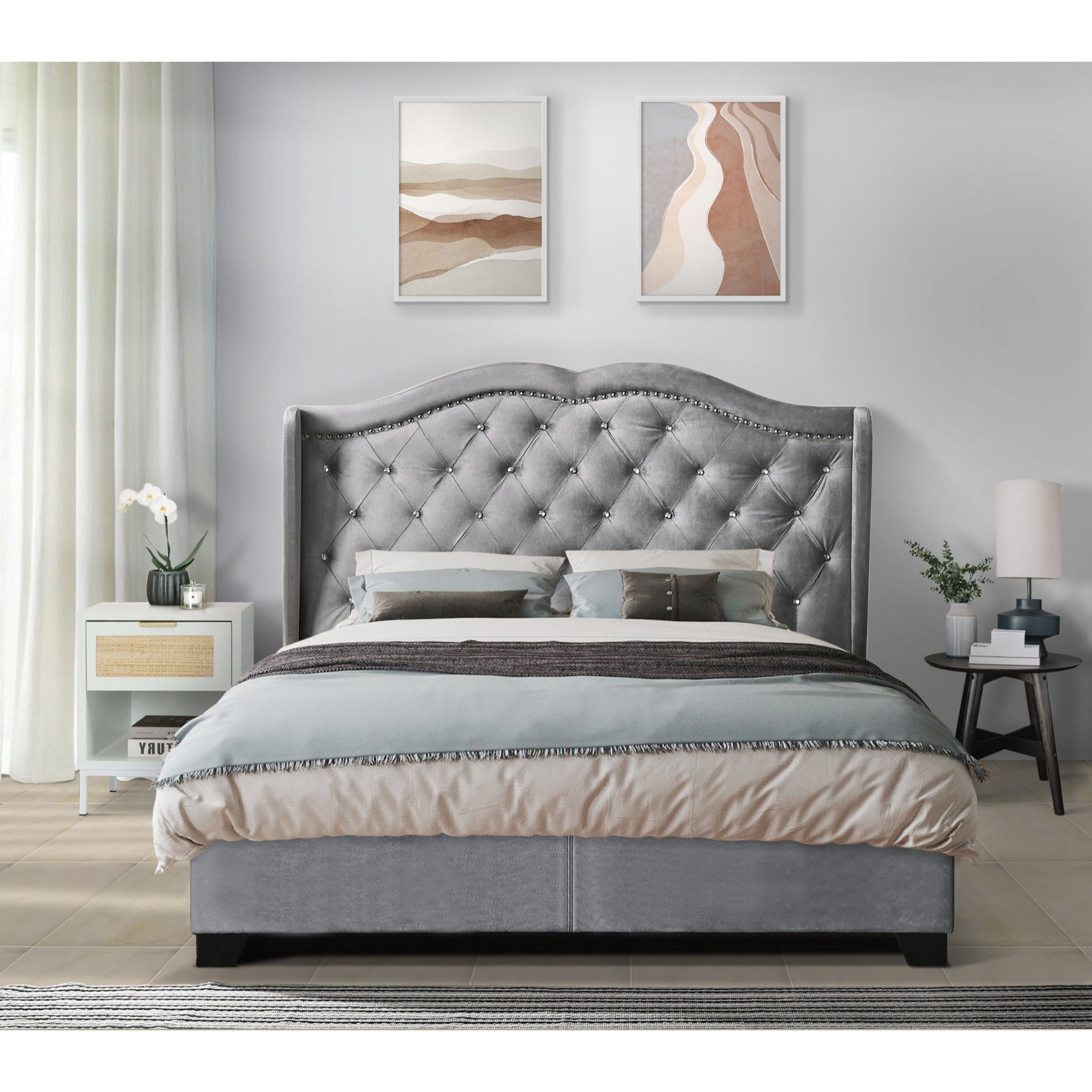 Home Design Aiden Wingback King Upholstered Panel Bed Frame with Tufted ...