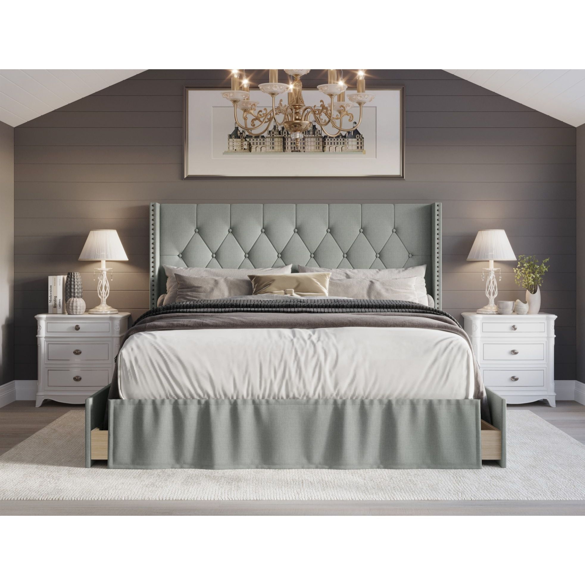 Home Design Andrea King Upholstered Storage Panel Bed Frame, Button ...