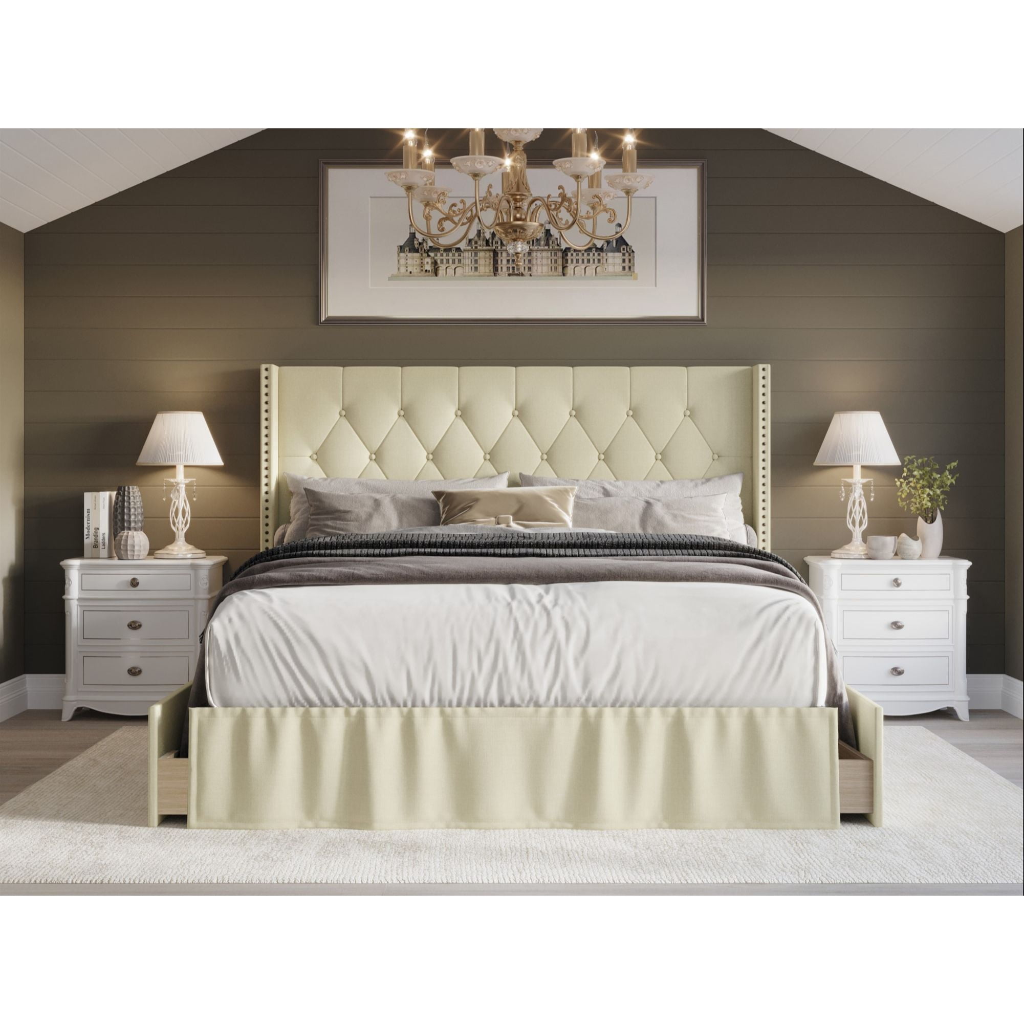 Home Design Andrea Queen Upholstered Storage Panel Bed Frame, Button ...