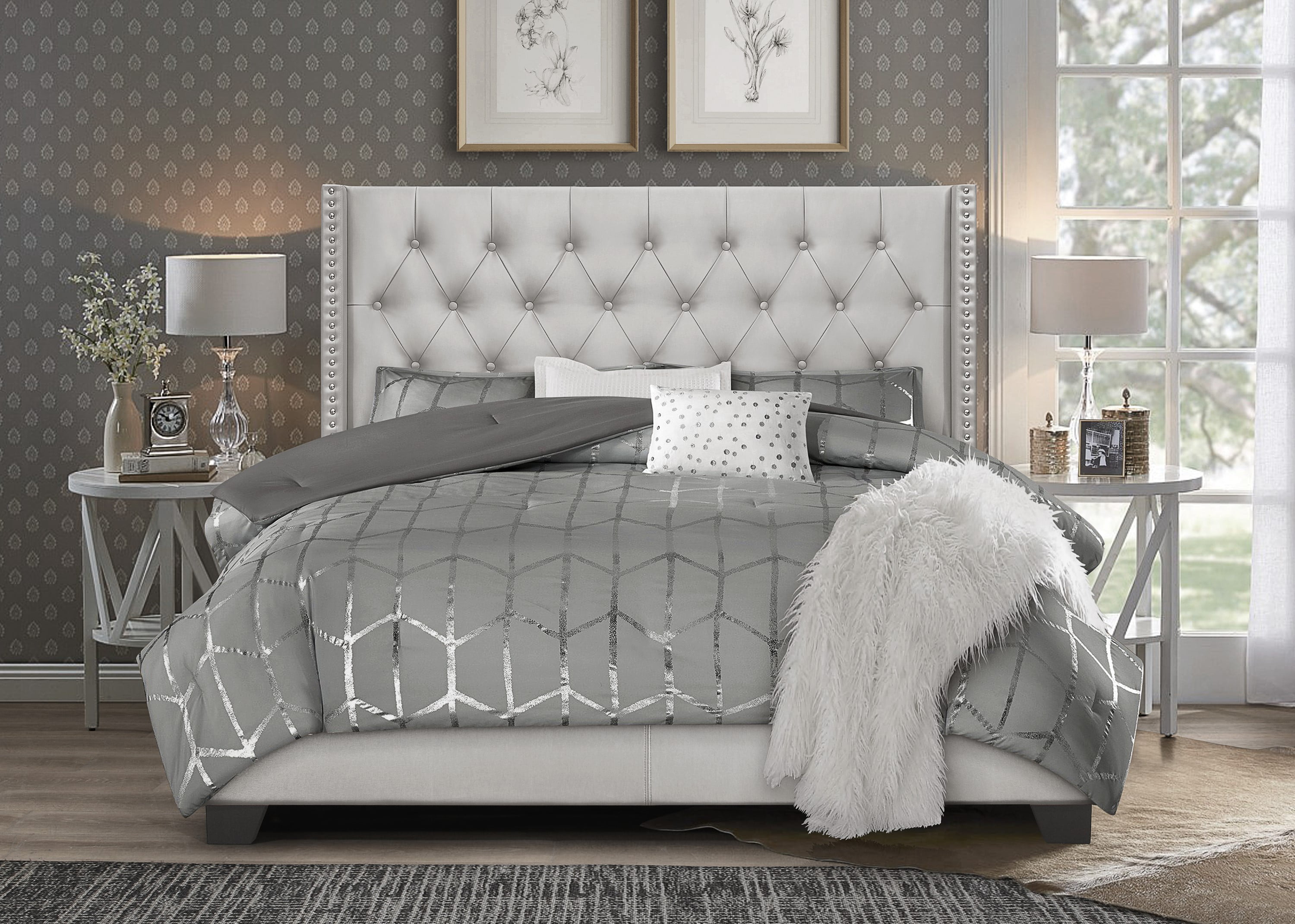 Home Design Brady King Upholstered Panel Bed with Tufted Wingback ...