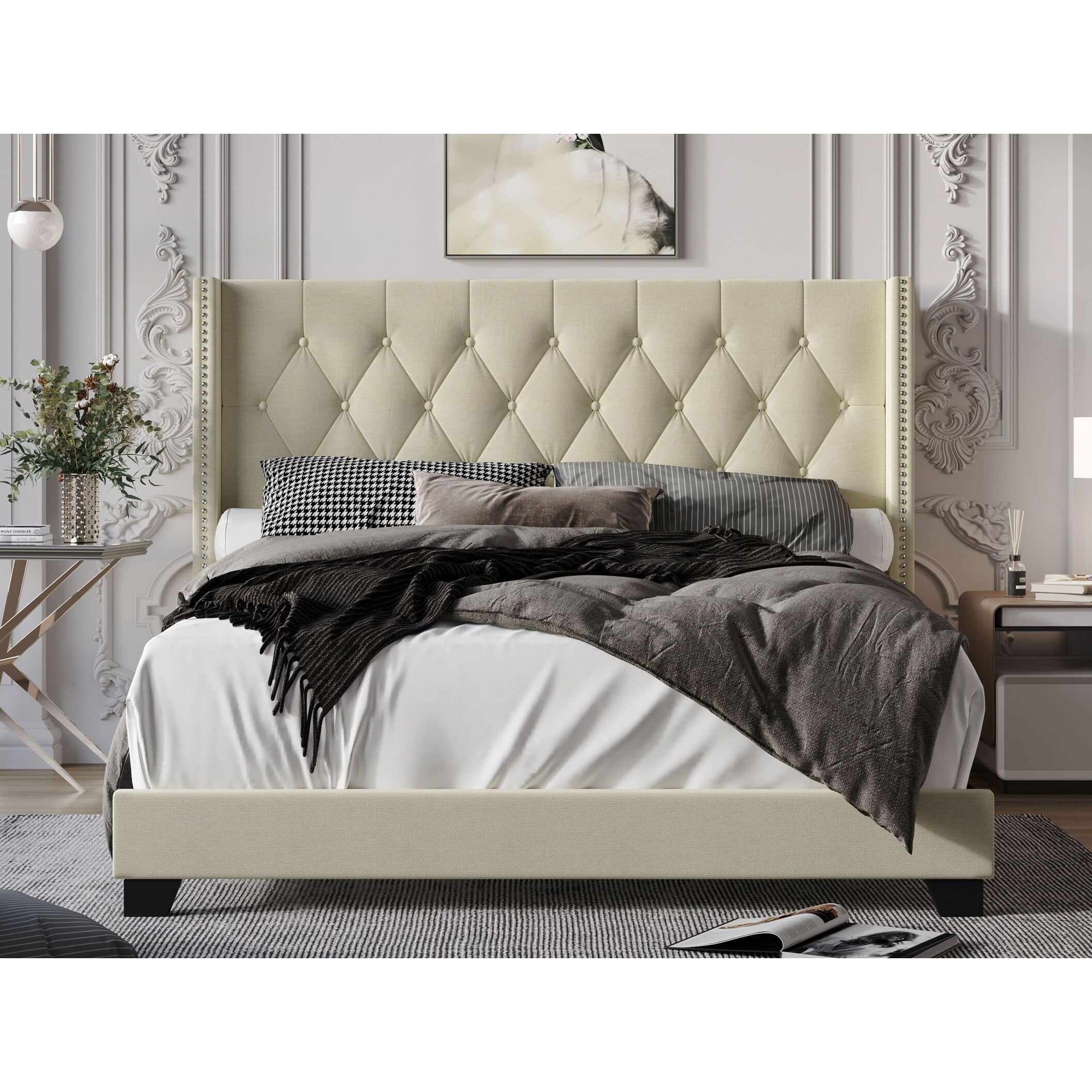 Home Design Brady Upholstered Tufted Wingback Panel Bed Beige Twin ...