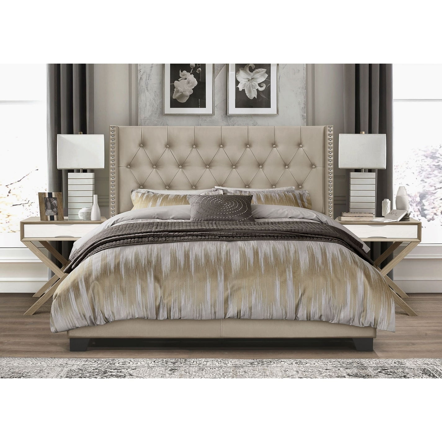 Home Design Brady Upholstered Tufted Wingback Panel Bed Gold Twin Faux ...