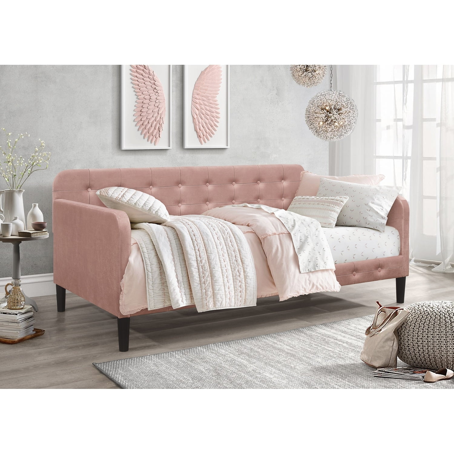 Chloe Versatile Daybed in Pink Velvet with Classic Button Tufted Design ...