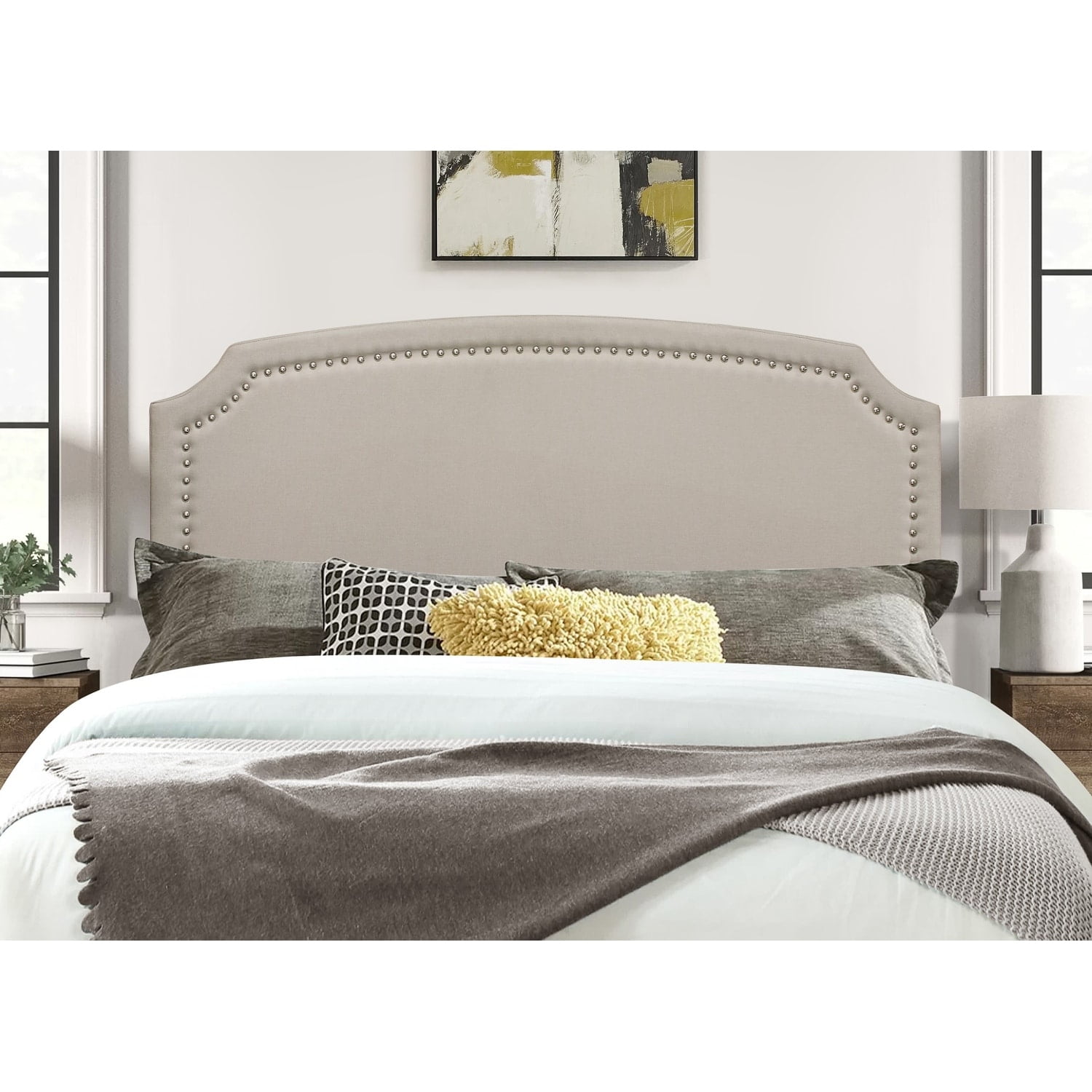 Cora Queen Upholstered Headboard, Modern Warm Grey Fabric with Clipped ...