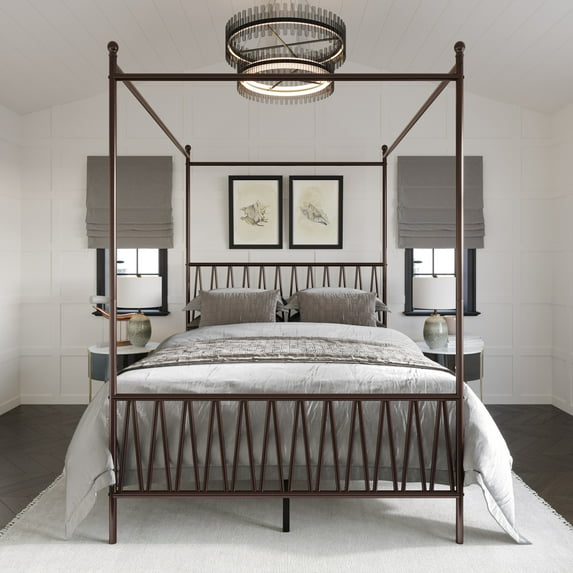 Home Design Dallas Queen Metal Canopy Bed with Zigzag Headboard and Under-Bed Storage, Brown ...