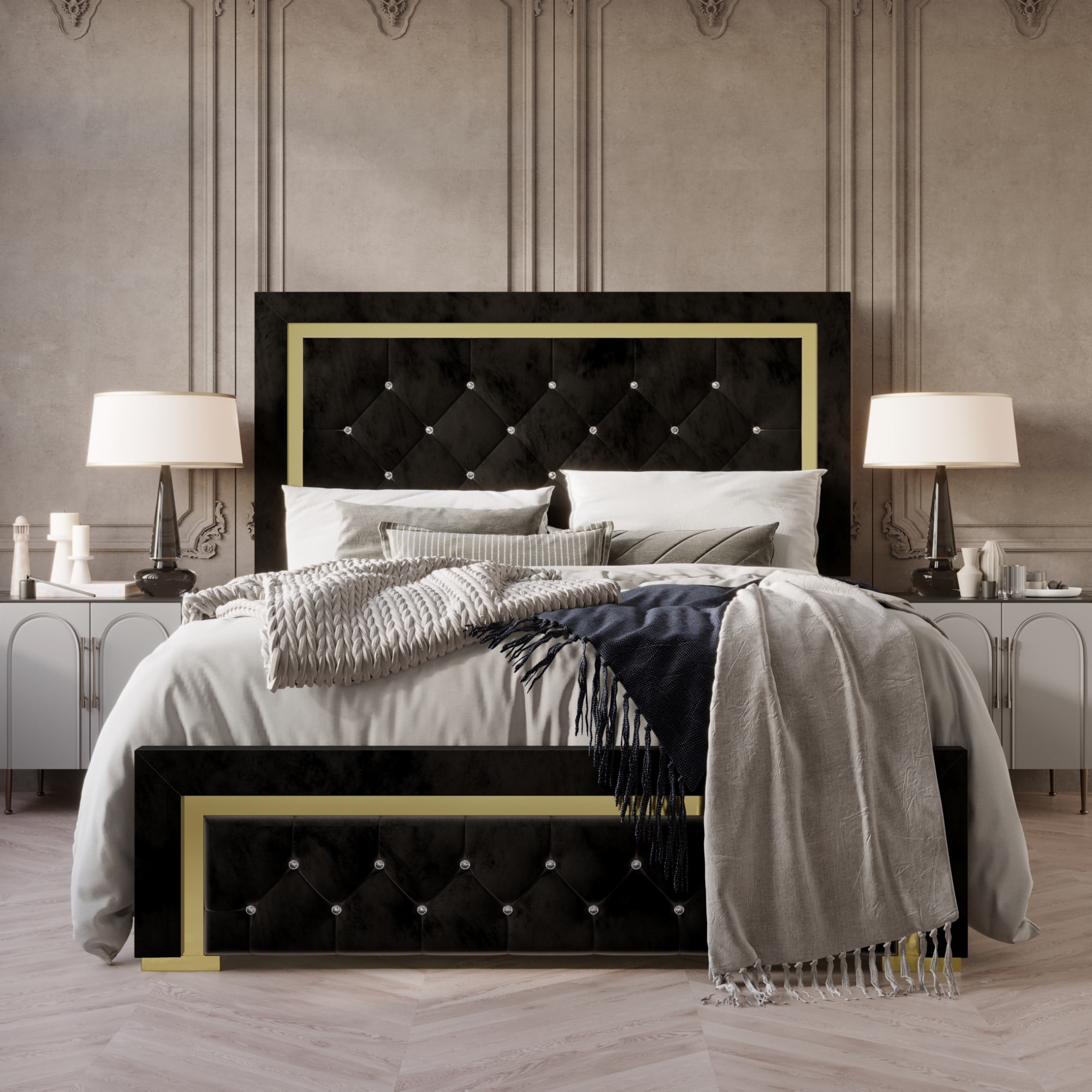 Deena Upholstered Queen Panel Bed with Gold Frame and Legs - Walmart.com