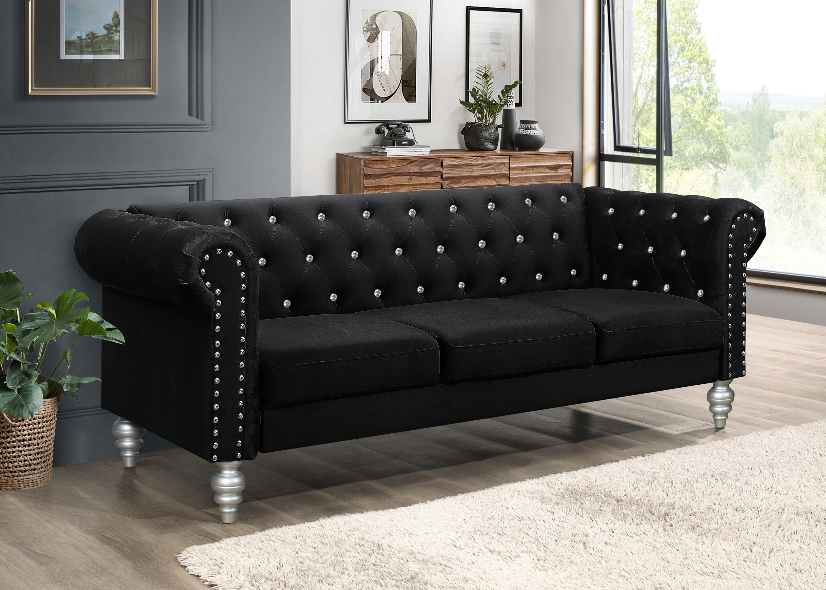 Home Design Emma Contemporary Velvet Rolled Arm Chesterfield Sofa with ...