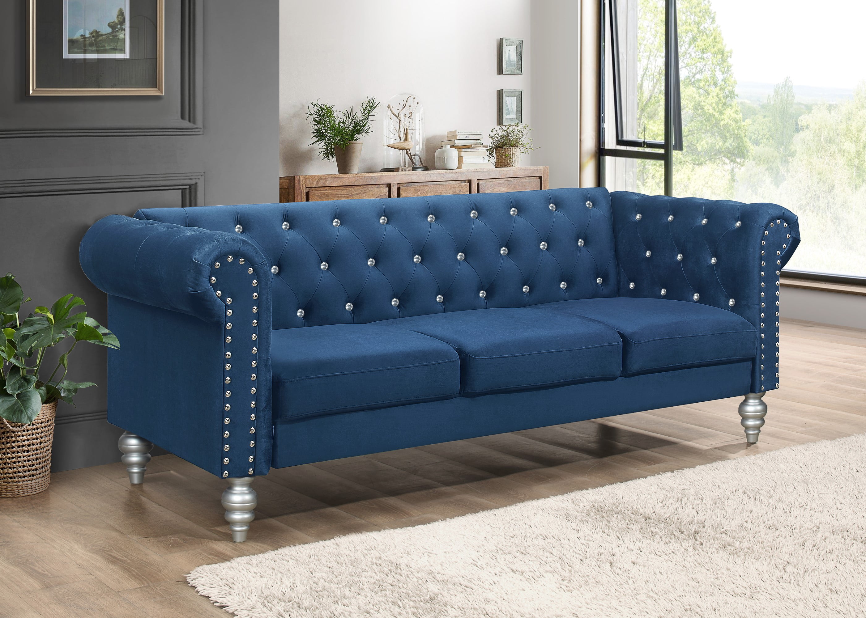 Free Shipping! HMD Contemporary Velvet Roll Arm Sofa, Navy Blue, Button ...