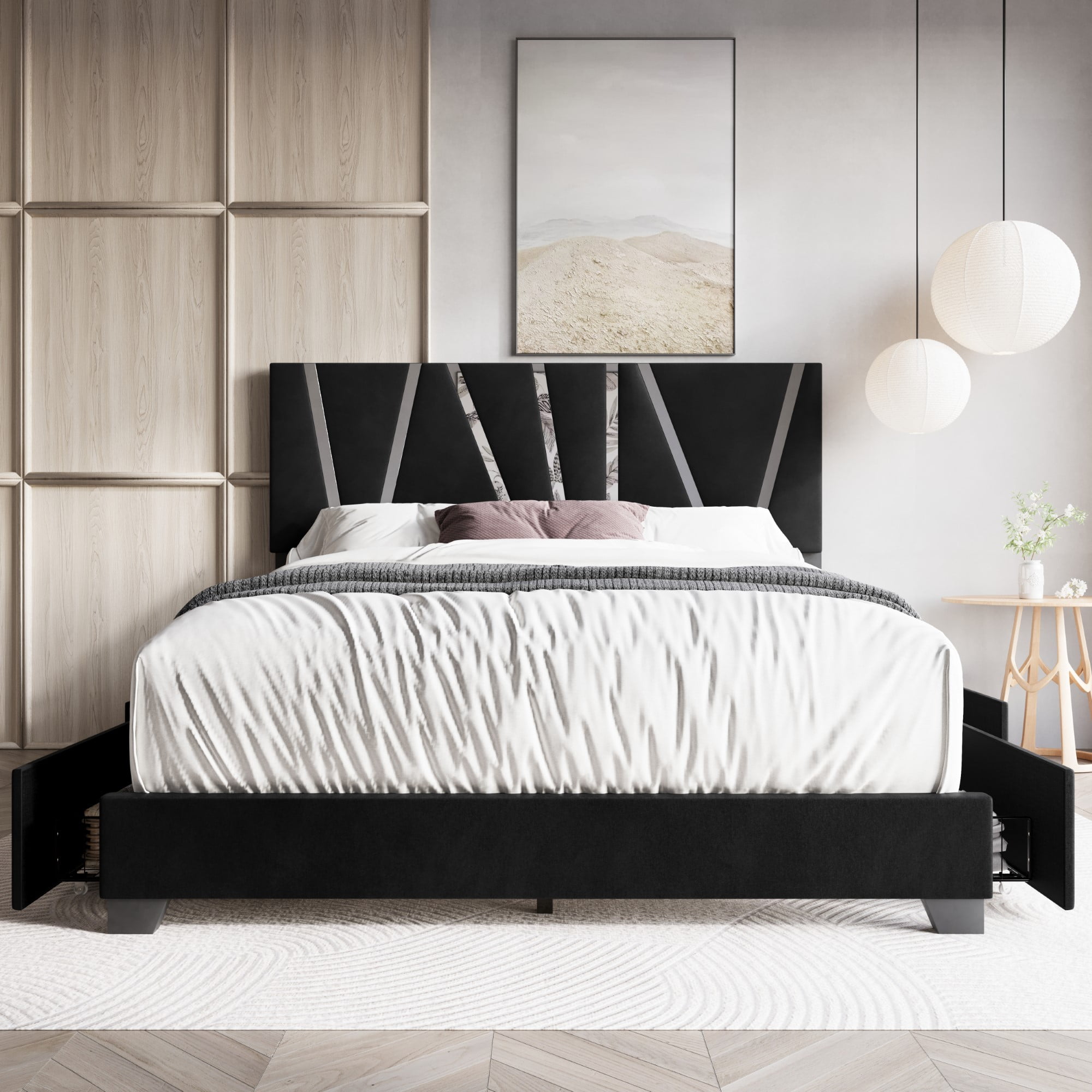 Home Design Hanover Queen Upholstered Storage Platform Bed Frame with ...