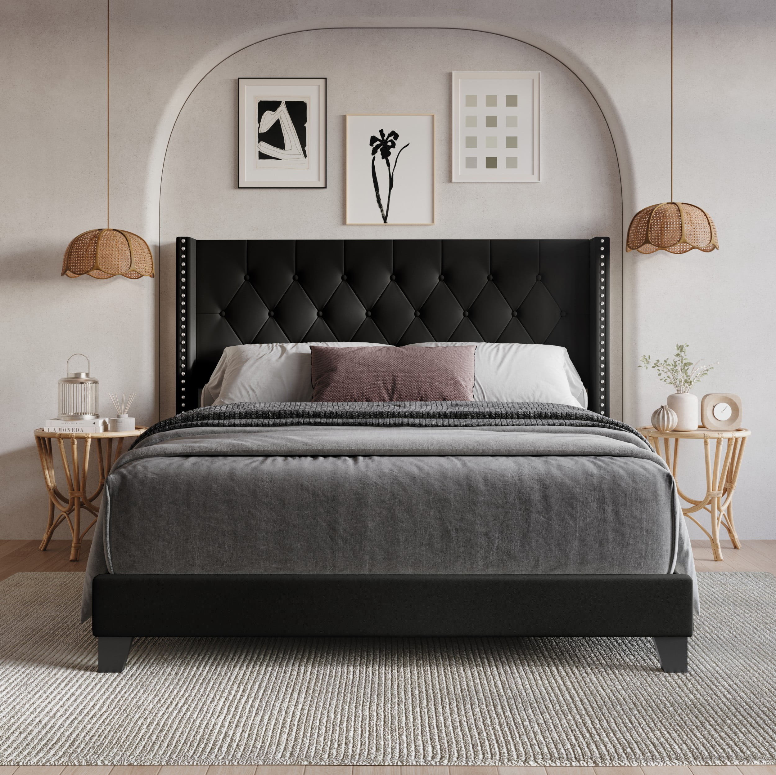 Home Design Homer Full Button-Tufted Wingback Upholstered Panel Bed ...