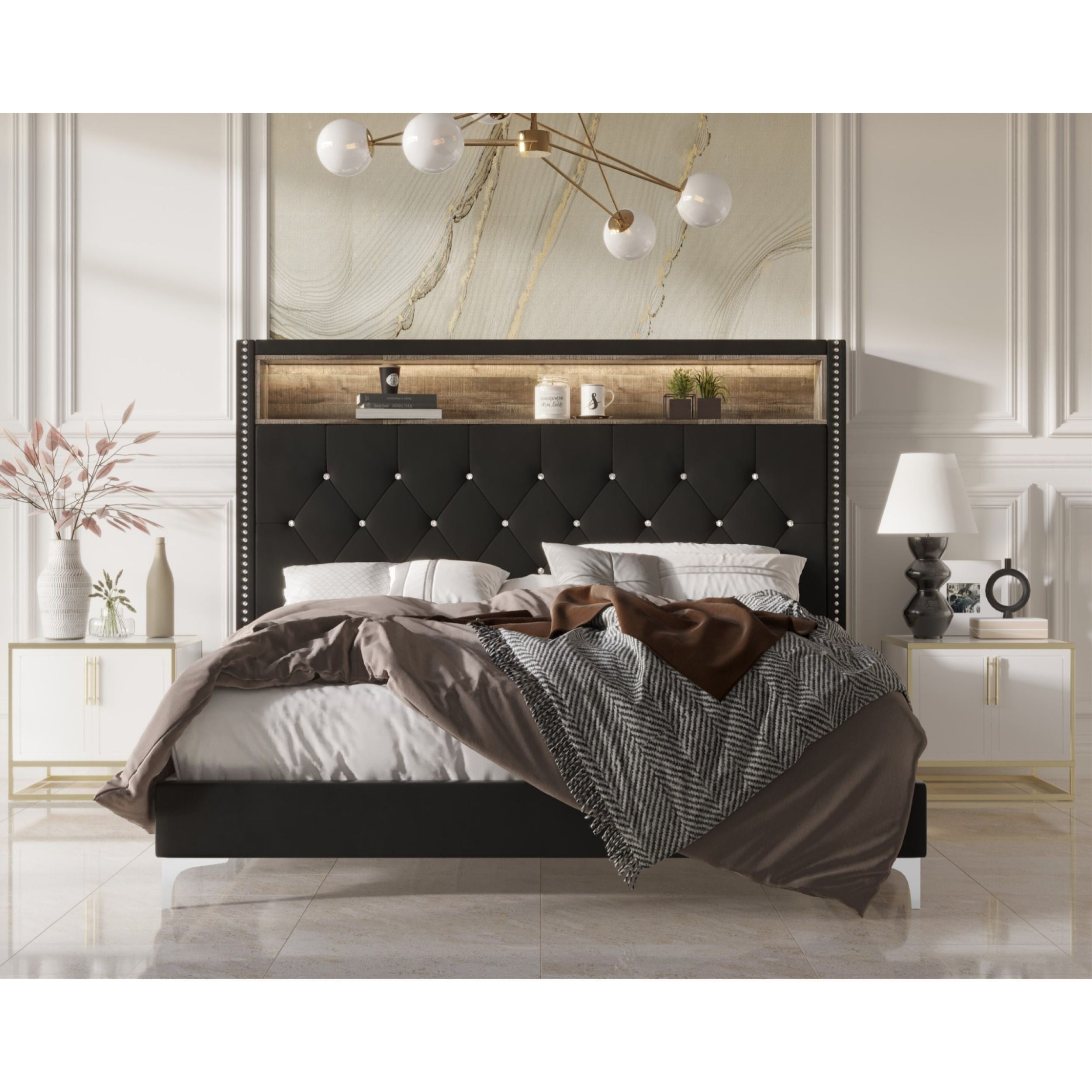 Home Design Javan King Velvet Upholstered Bookcase Panel Bed Frame for ...