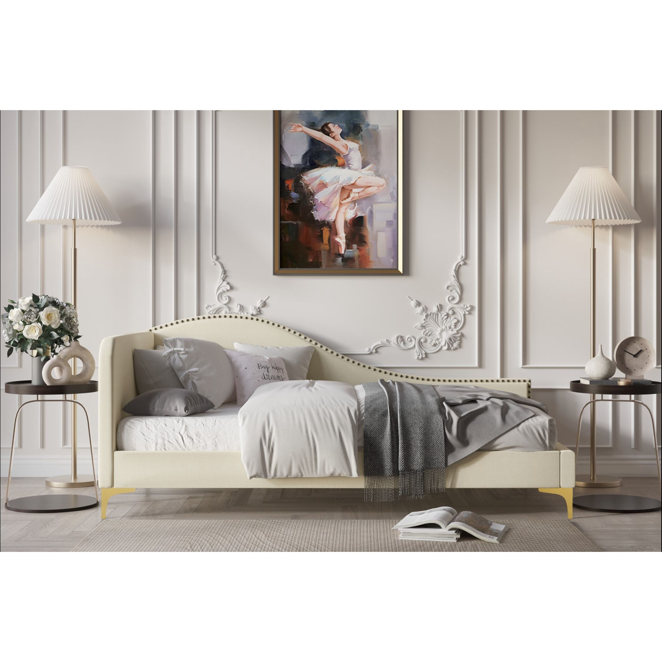 Loretta Upholstered Twin Daybed, Beige, Comfortable 1-Arm Design with ...