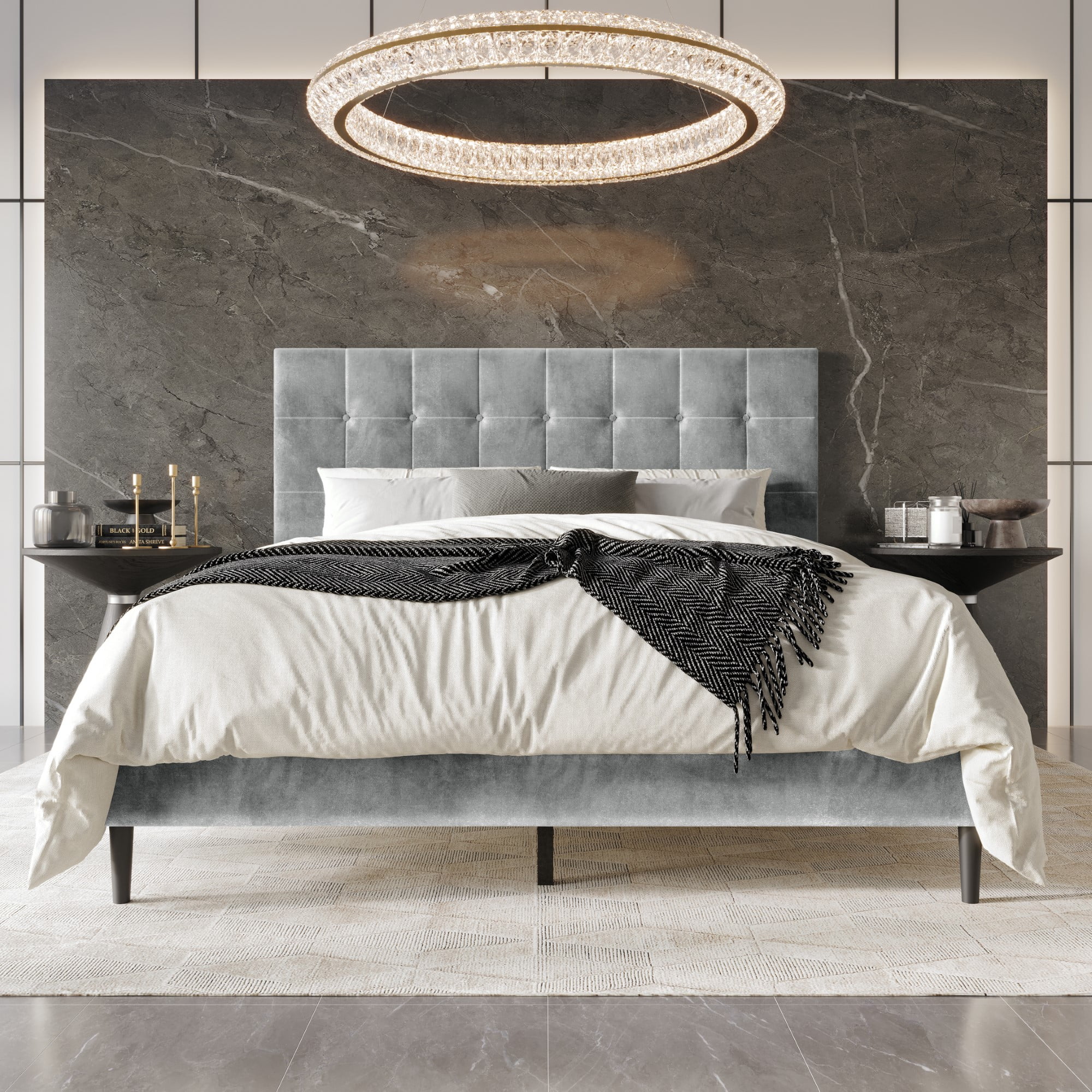 Home Design Marion King Tufted Upholstered Platform Bed Frame with ...