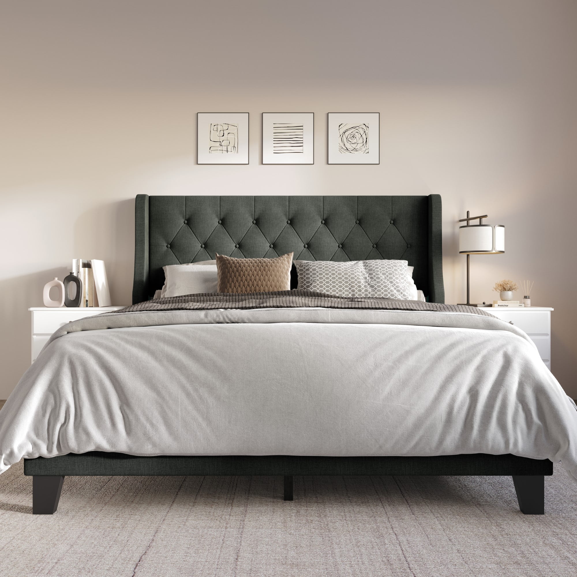 Home Design Medford Queen Tufted Upholstered Panel Bed with Wingback ...