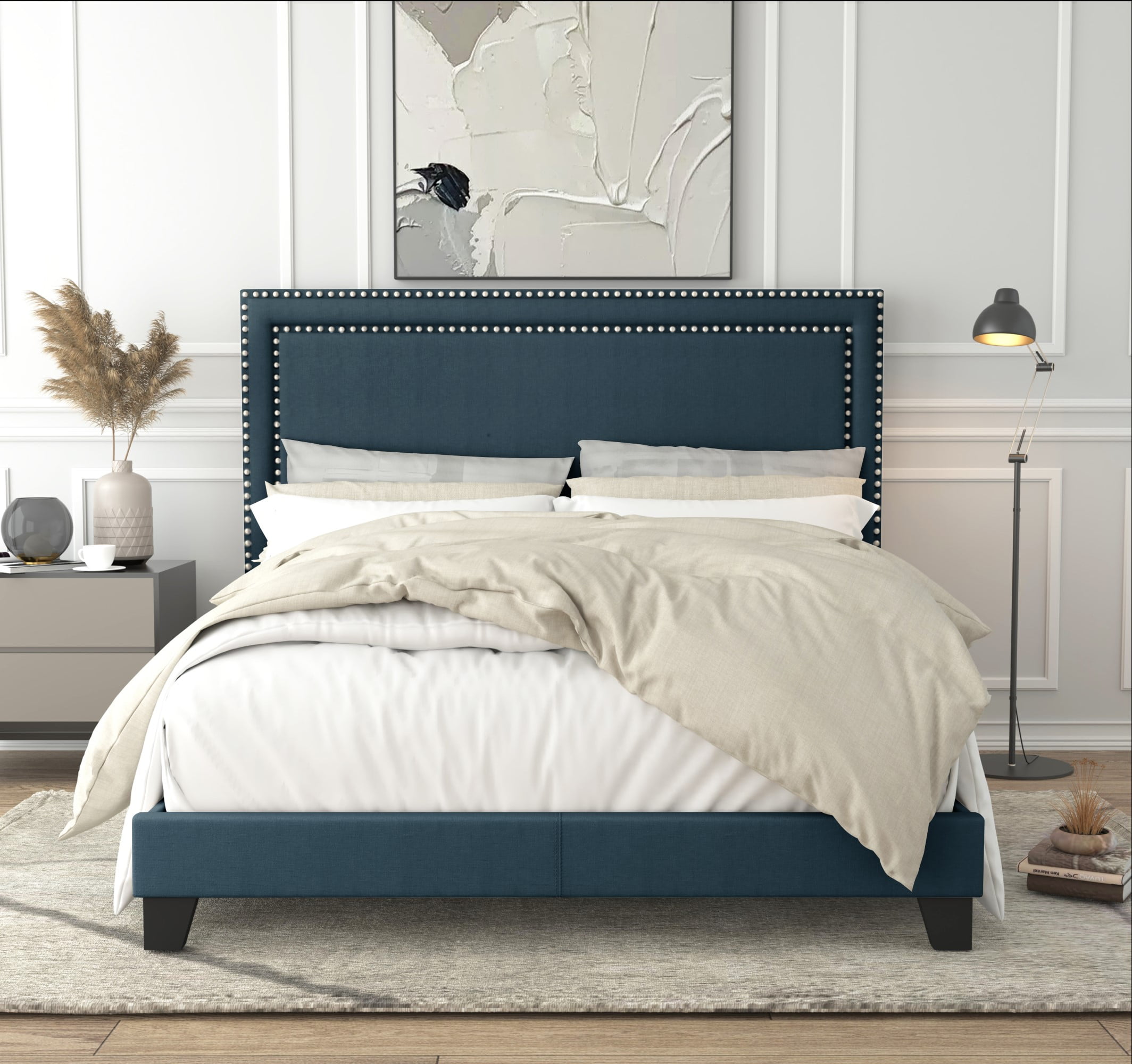 Home Design Ocala Upholstered King Panel Bed Frame, Denim Blue ...
