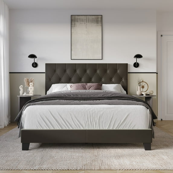 Home Design Omaha Queen Tufted Upholstered Panel Bed Frame, Dark Brown ...