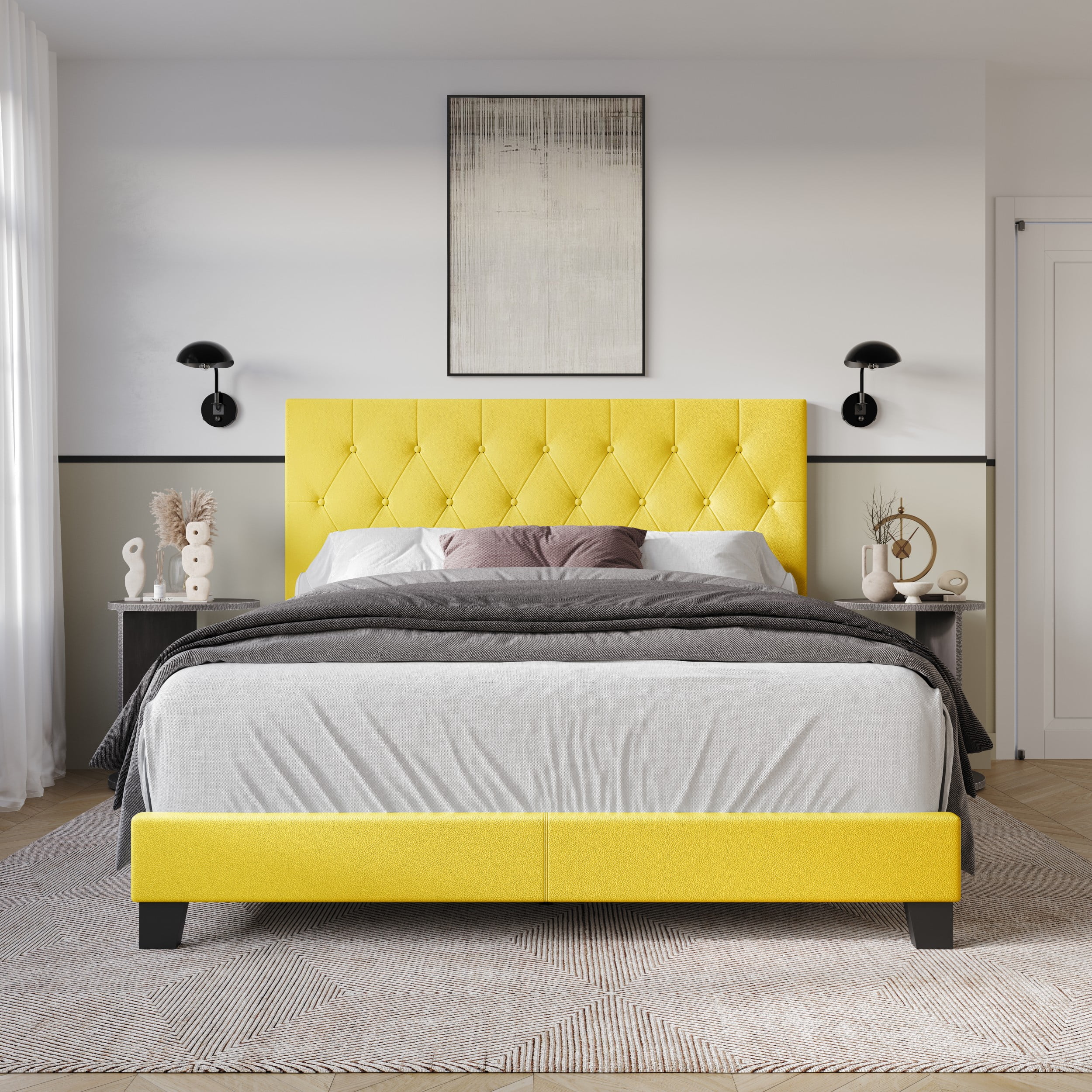 Home Design Omaha Queen Tufted Upholstered Panel Bed Frame, Yellow ...