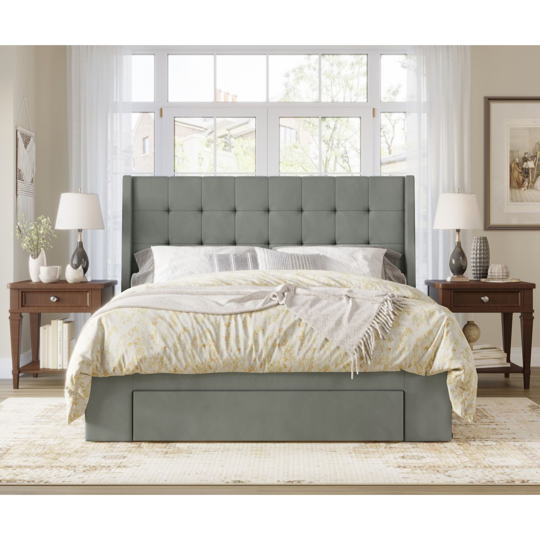 Home Design Pamela Queen Tufted Velvet Upholstered Storage Panel Bed ...