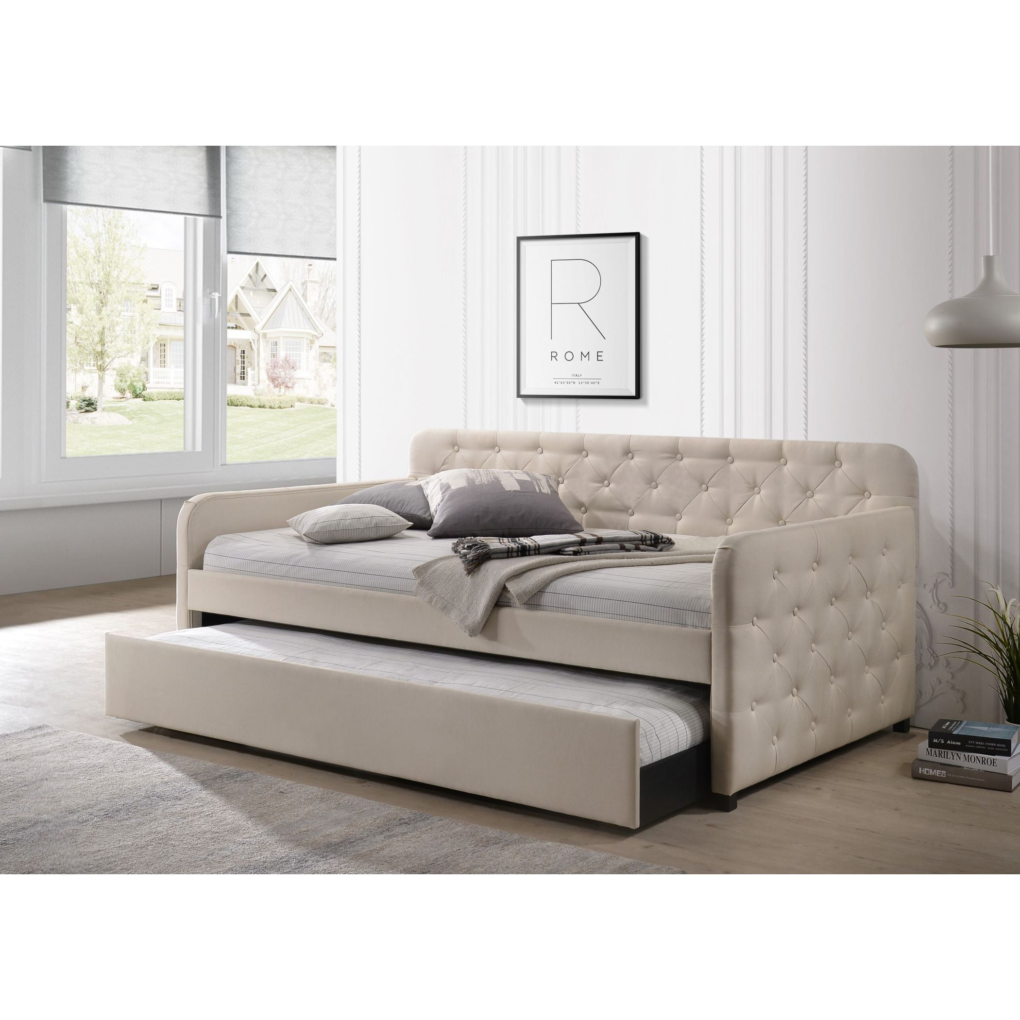 Home Design Uma Twin Daybed with Linen Upholstery, Button-Tufted Back ...