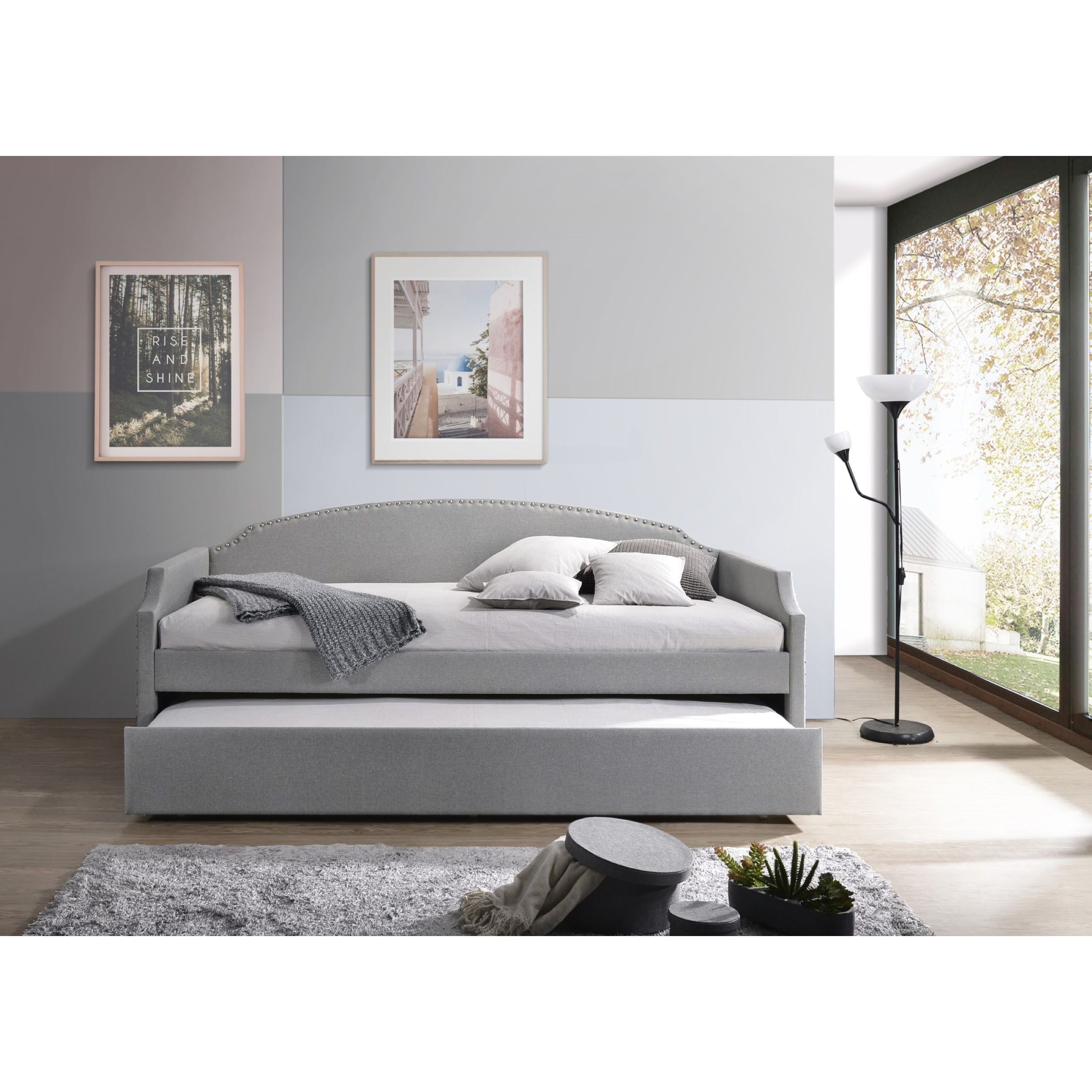 Home Design Yamna Twin Daybed with Linen Upholstery, Pull-Out Trundle ...