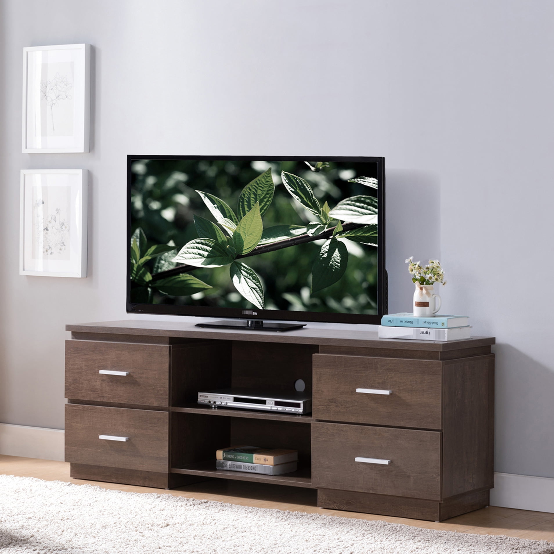 Home Entertainment Console, 60" With 4 Drawers & 2 Shelves In Walnut ...