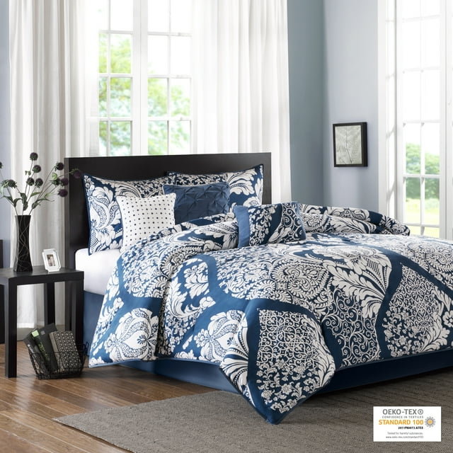 Home Essence Adela 7 Piece Cotton Printed Comforter Set, Indigo, King ...