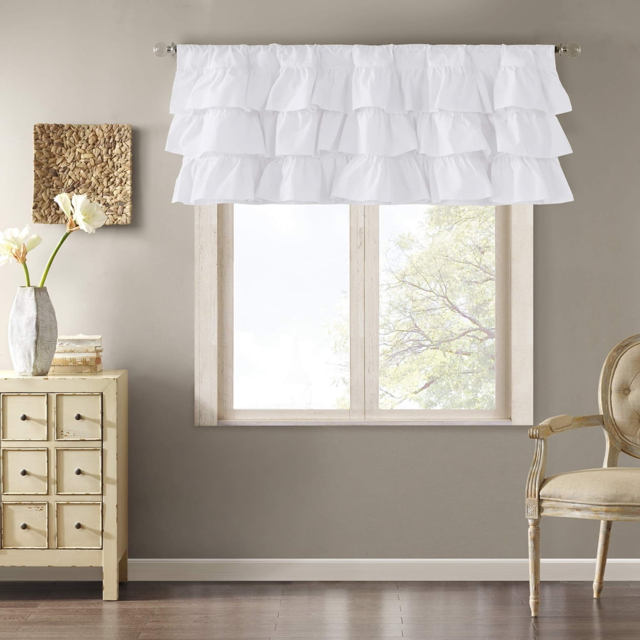Madison Park Anna Cotton Oversized Ruffle Valance, White, 50"W x 18"L ...