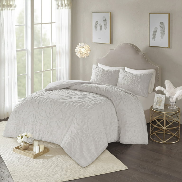 Home Essence Cecily 3 Piece Tufted Cotton Chenille Medallion Duvet Cover Set King Cal King Grey