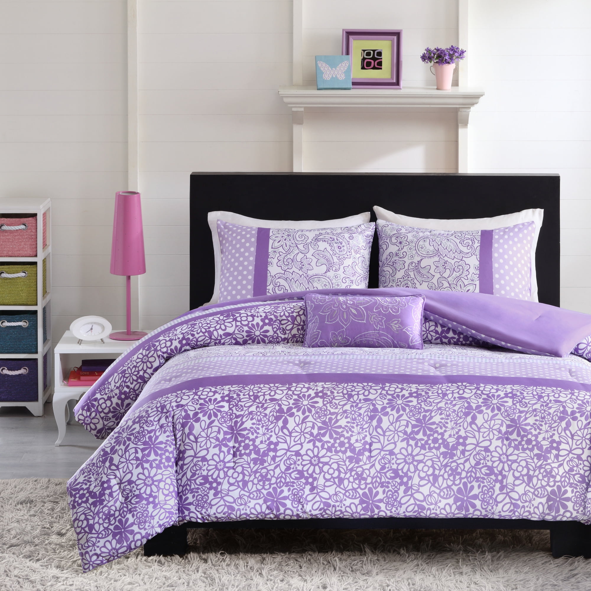 Home Essence Teen Angela Purple Dot Floral 4 Piece Comforter Set, Full ...