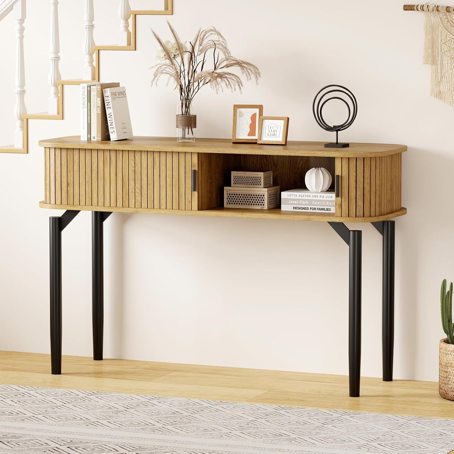 Home Fluted Console Table with Storage,Wood Sofa Table with Sliding Door,Entryway Table with ...